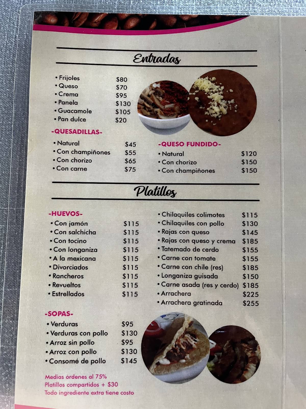 Menu at Pancho Arenas Café, Colima