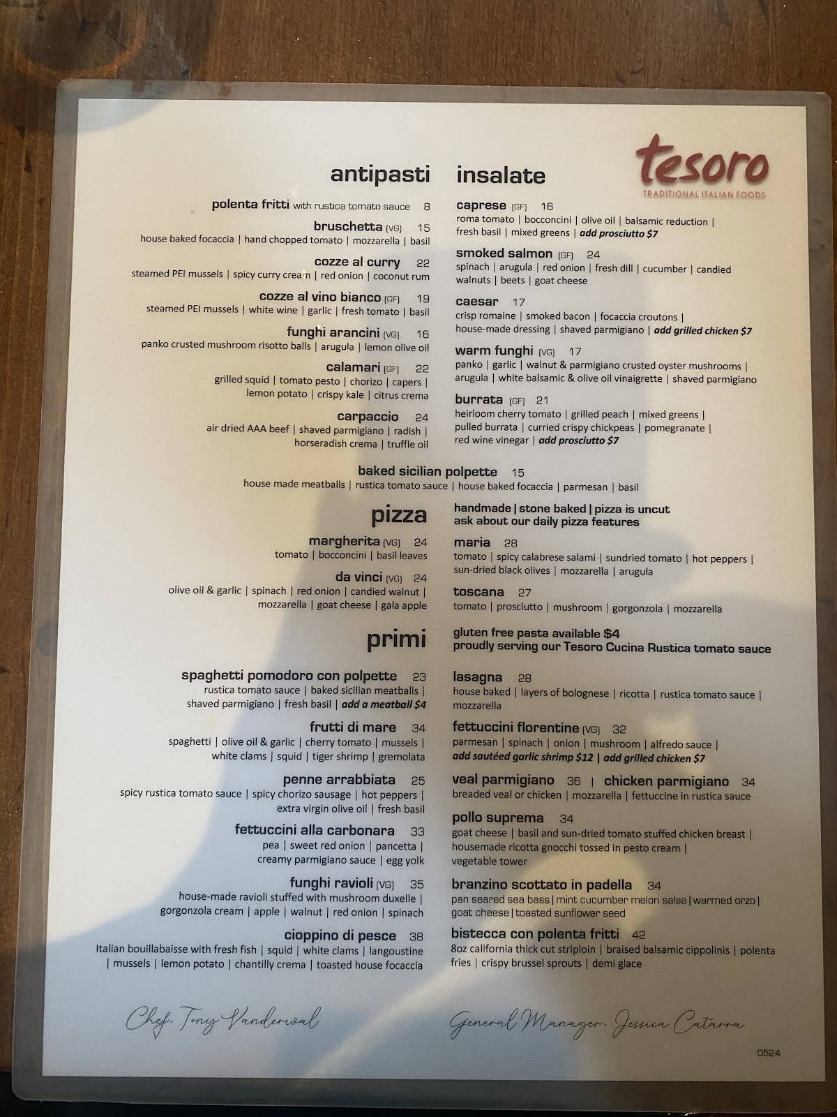 Menu at Tesoro Restaurant, Collingwood