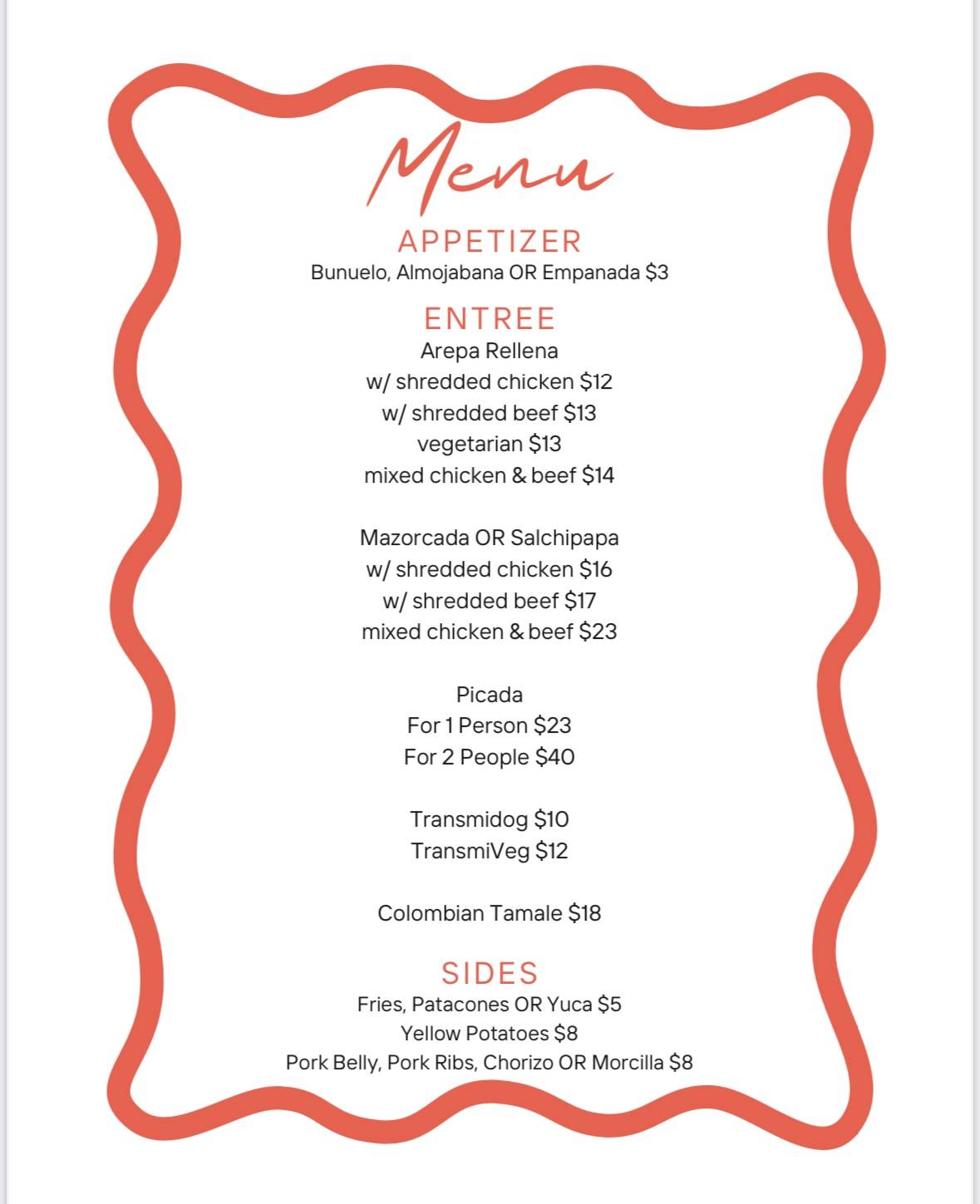 Menu at Colombia Parce fast food, Los Angeles