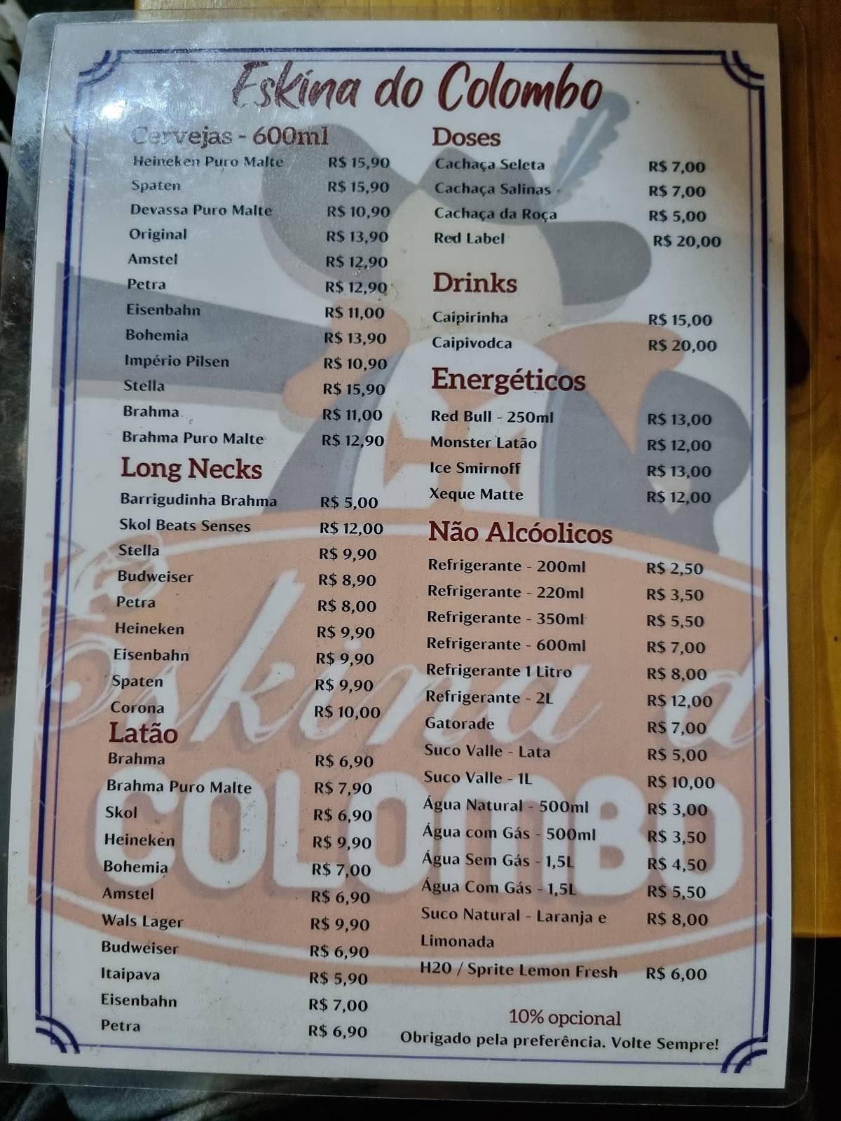 Menu at Colombo restaurant, Belo Horizonte