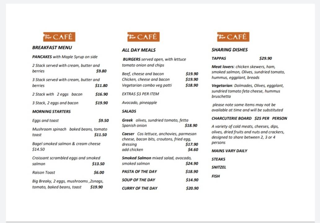 Menu at Colonel Light Tullula Bright restaurant, Adelaide