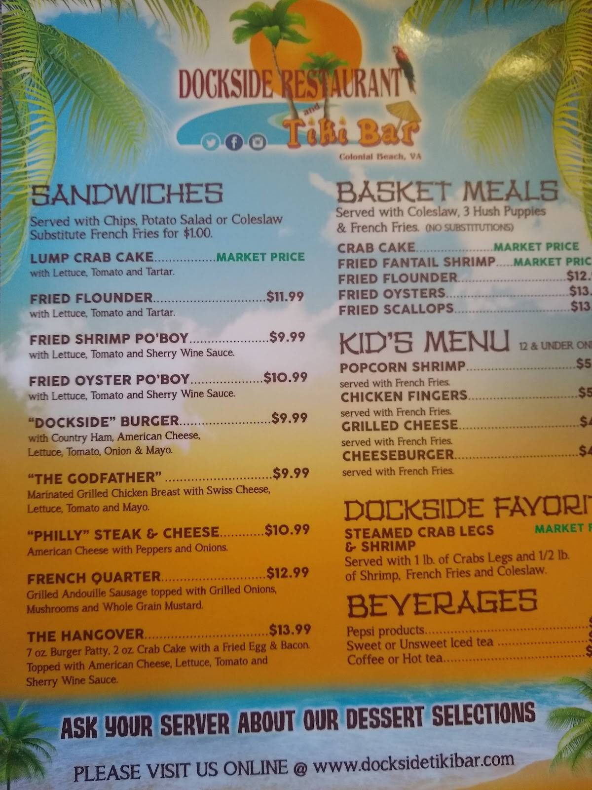 Menu at Dockside Restaurant & Tiki Bar, Colonial Beach