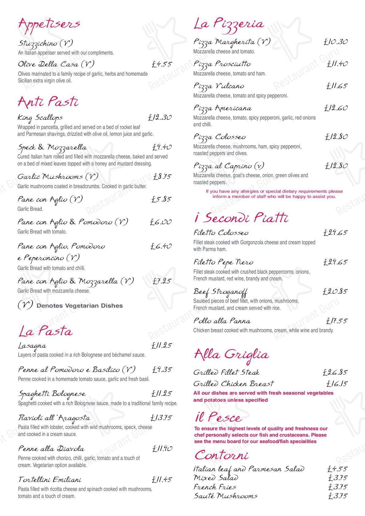Menu at Colosseo restaurant, Birch Vale