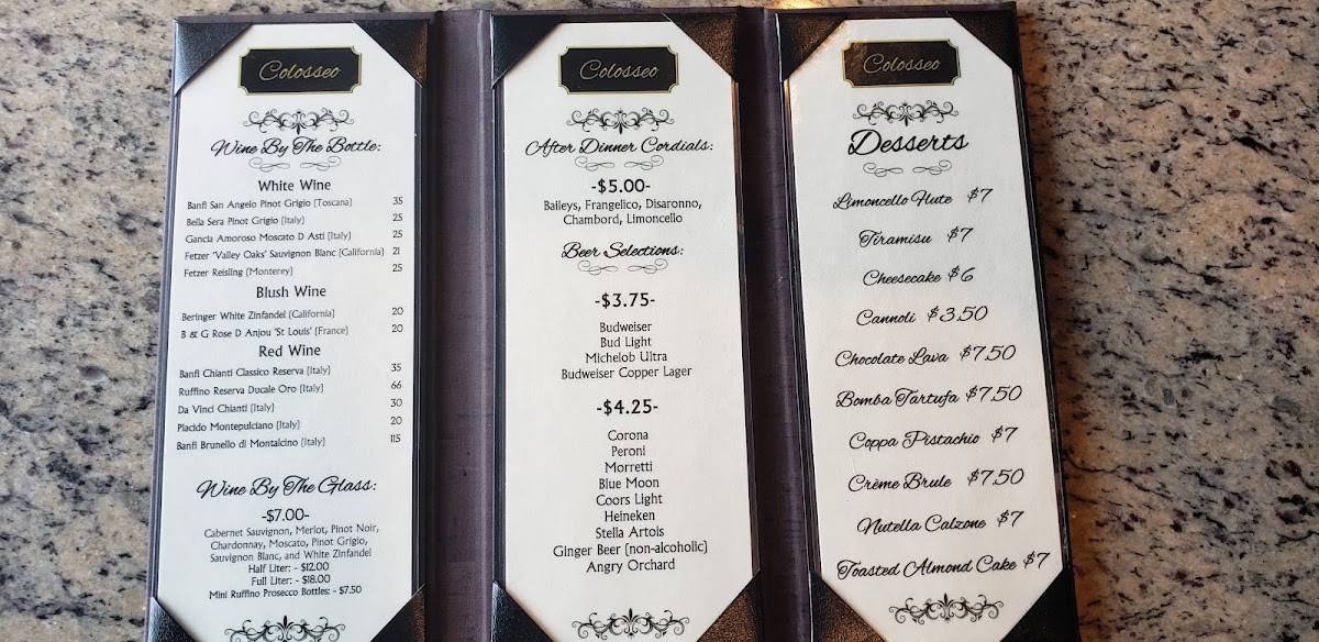 Menu at Colosseo pizzeria, Monticello