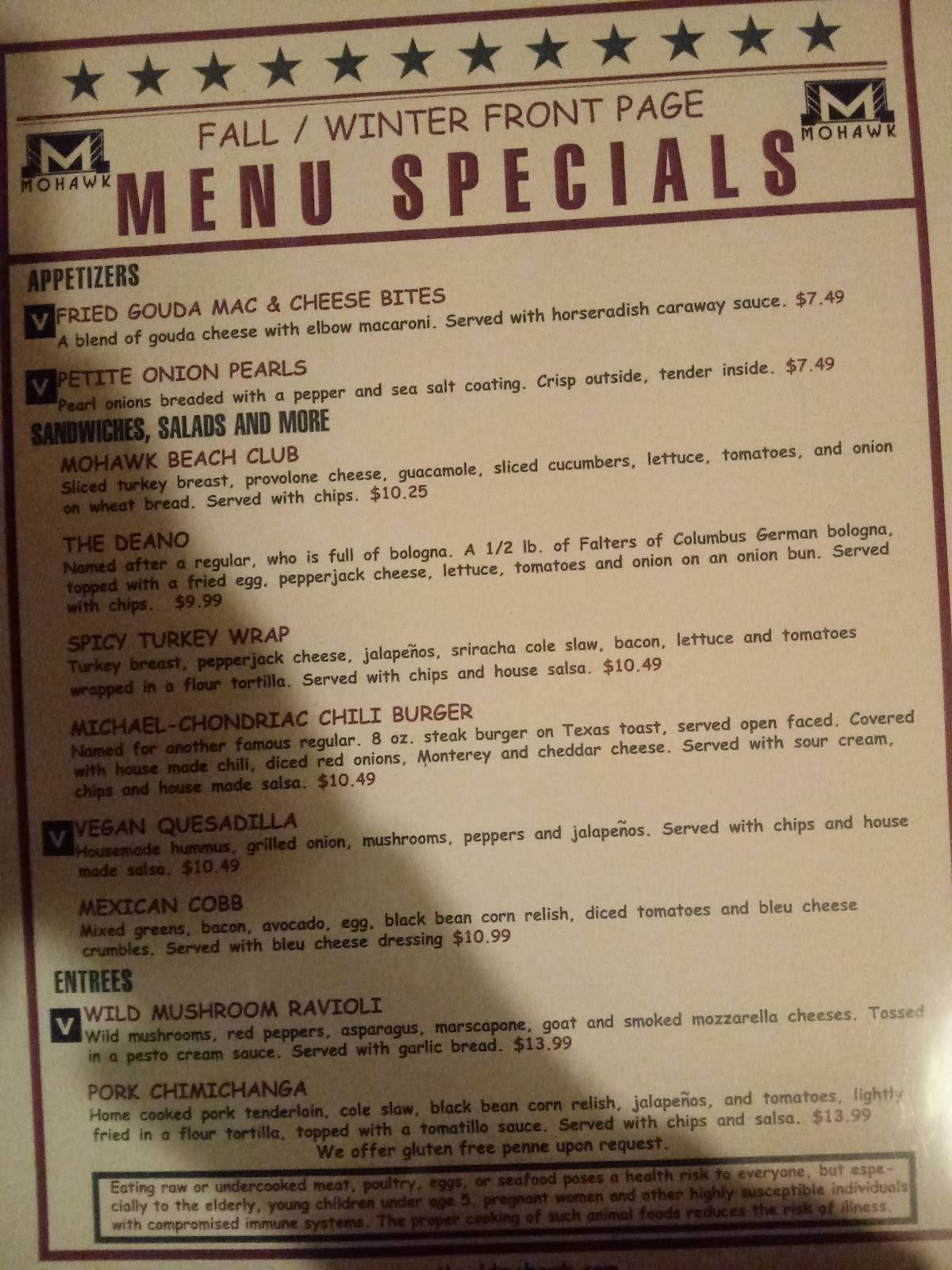 Menu at The Old Mohawk restaurant, Columbus