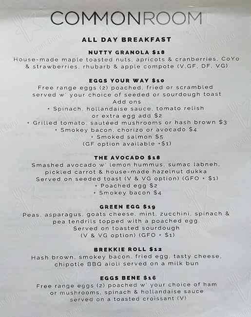Menu at Common Room. cafe, Ringwood