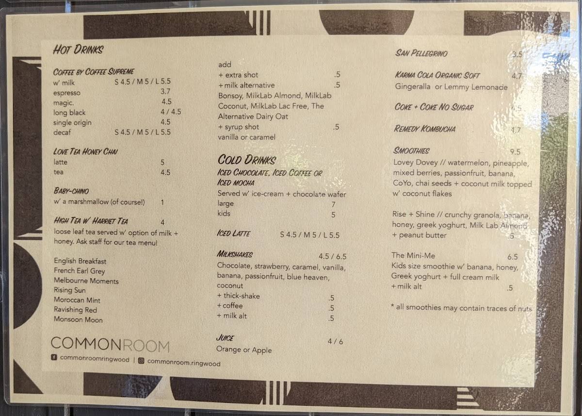 Menu at Common Room. cafe, Ringwood