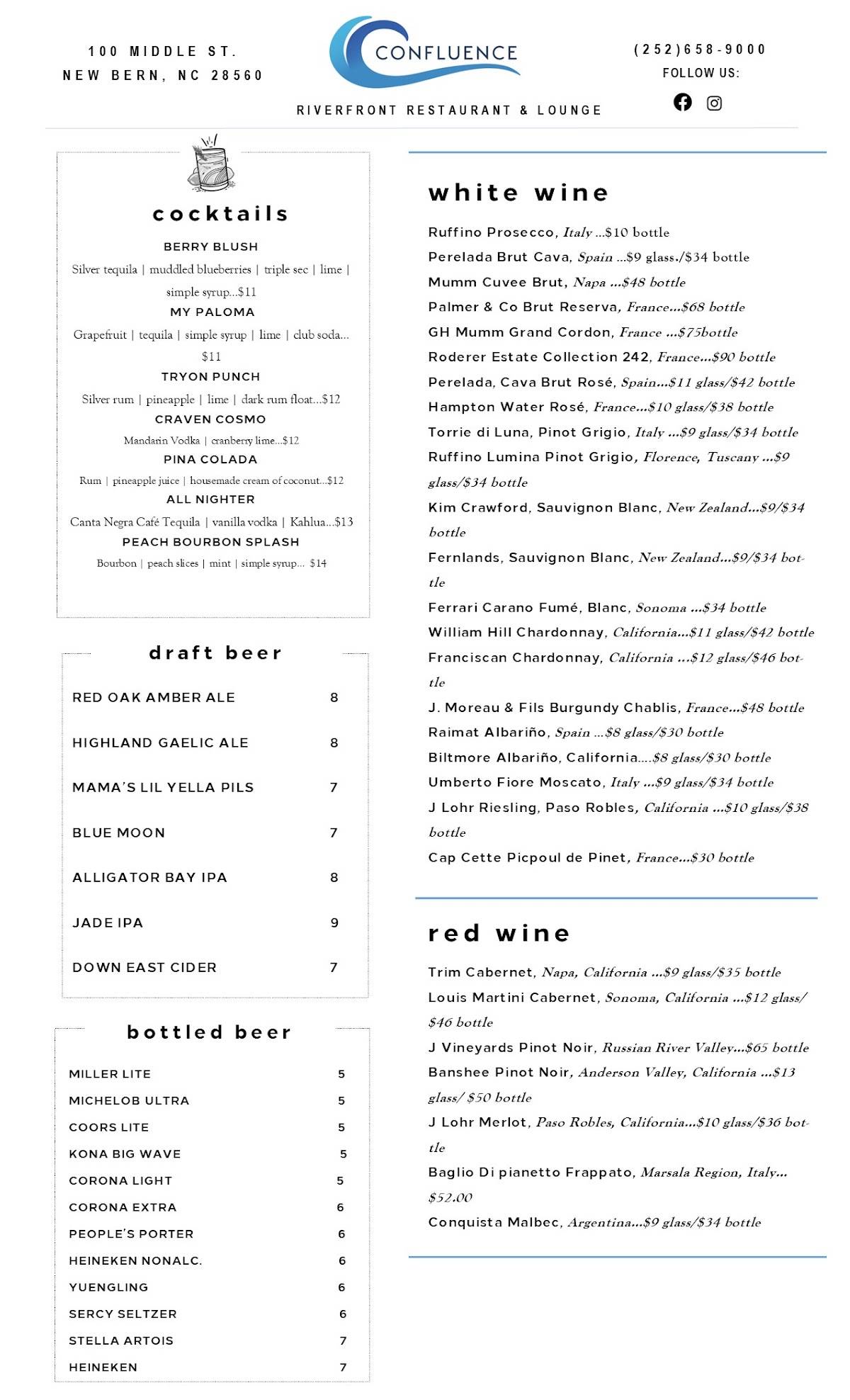 Menu at Confluence Riverfront Restaurant & Lounge, New Bern