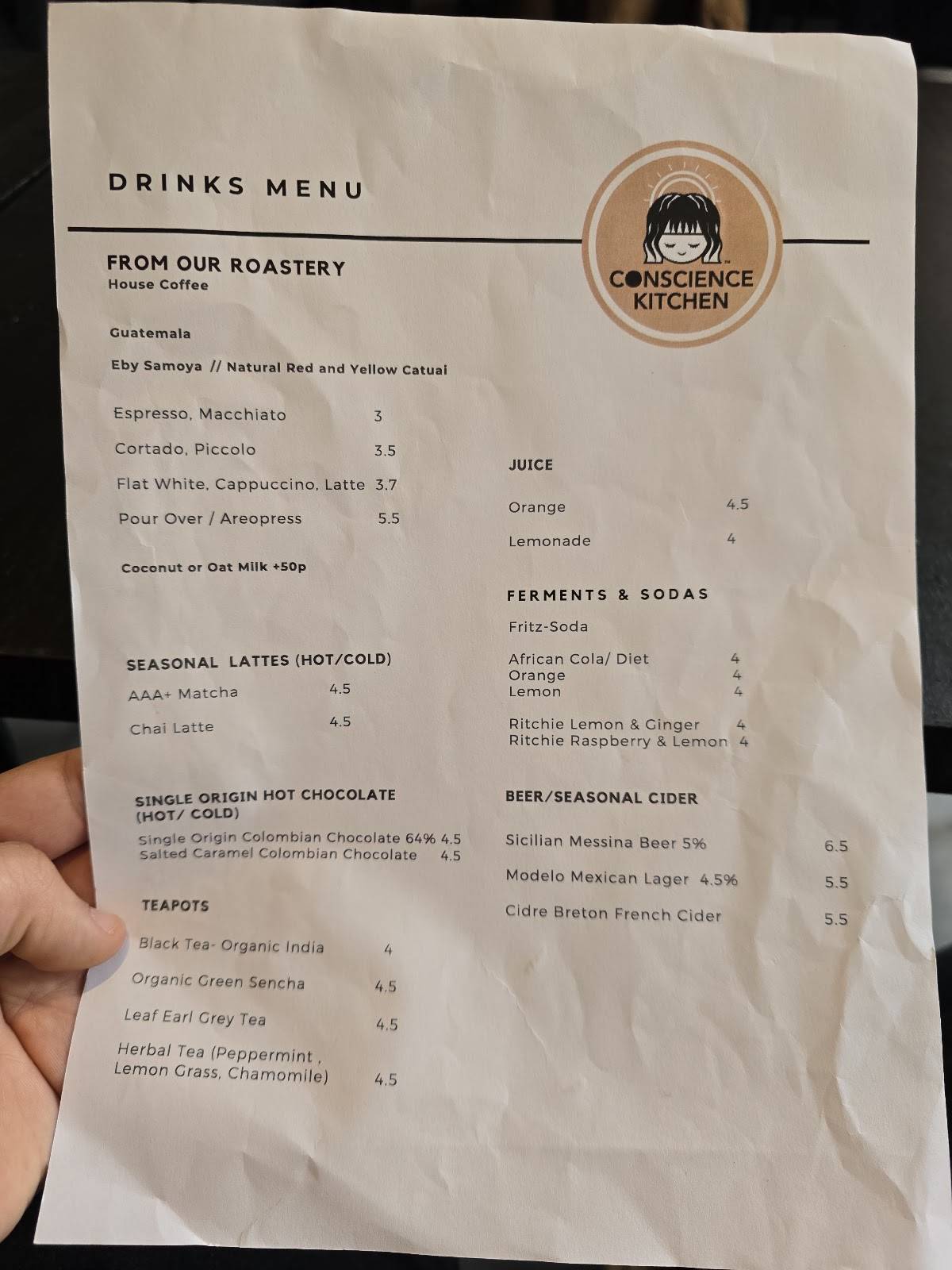 Menu at Conscience Kitchen restaurant, London
