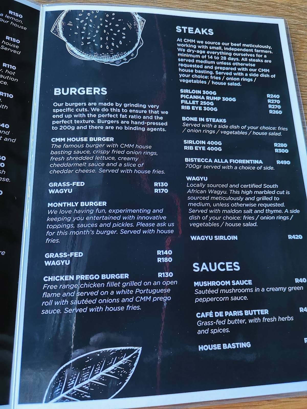 Menu at Conscious Carnivores restaurant, Cape Town