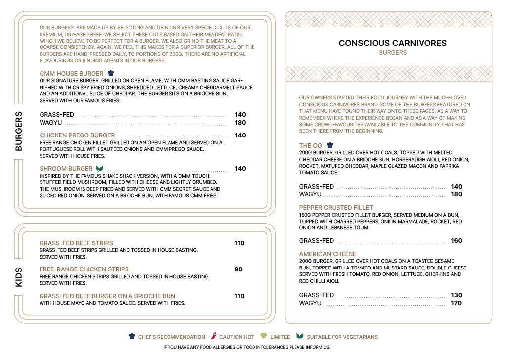 Menu at Conscious Carnivores restaurant, Cape Town