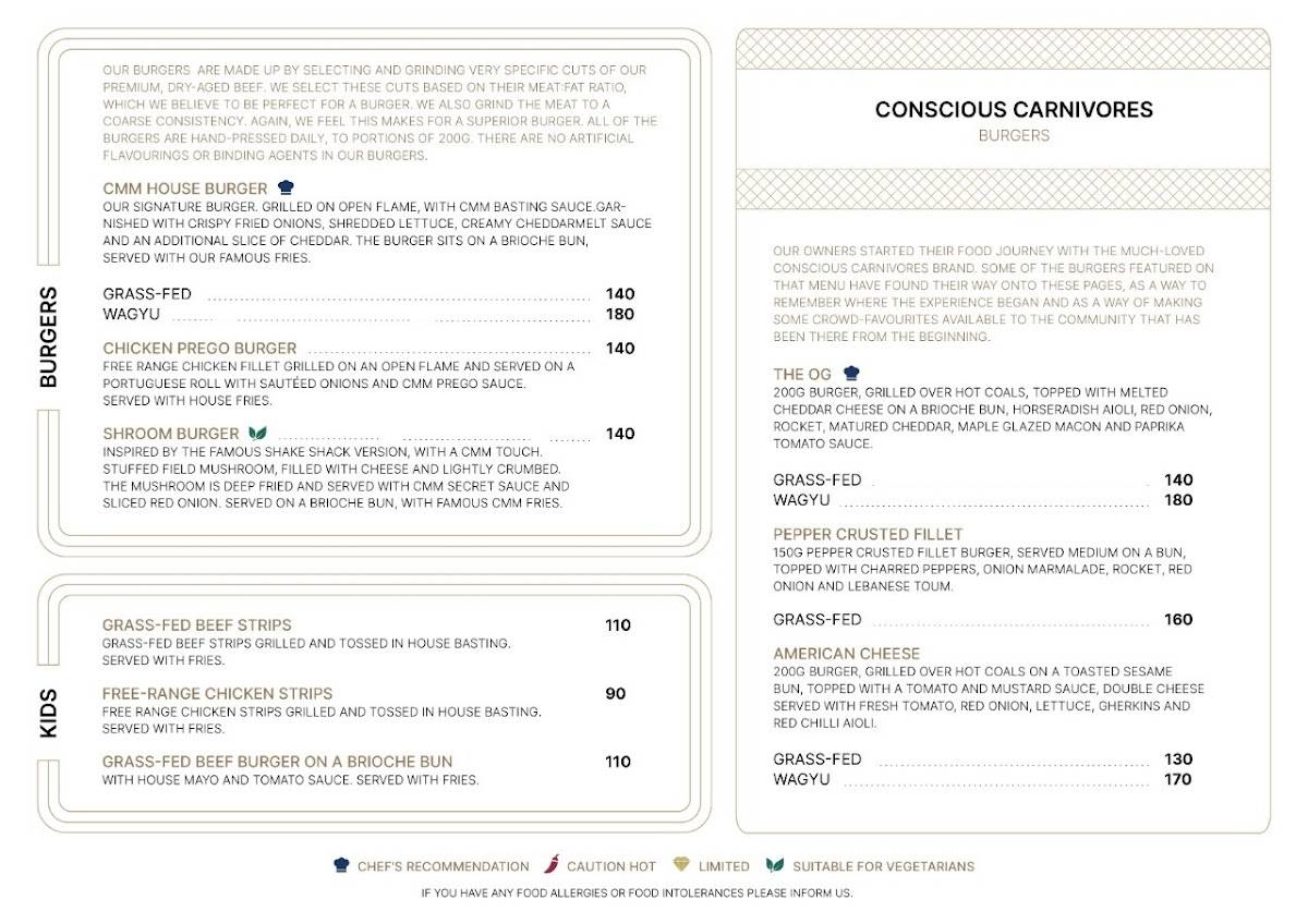 Menu at Conscious Carnivores restaurant, Cape Town