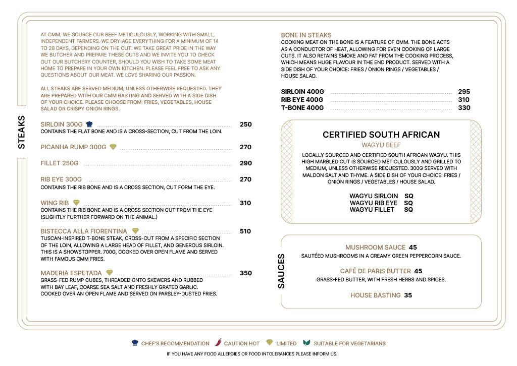 Menu at Conscious Carnivores restaurant, Cape Town