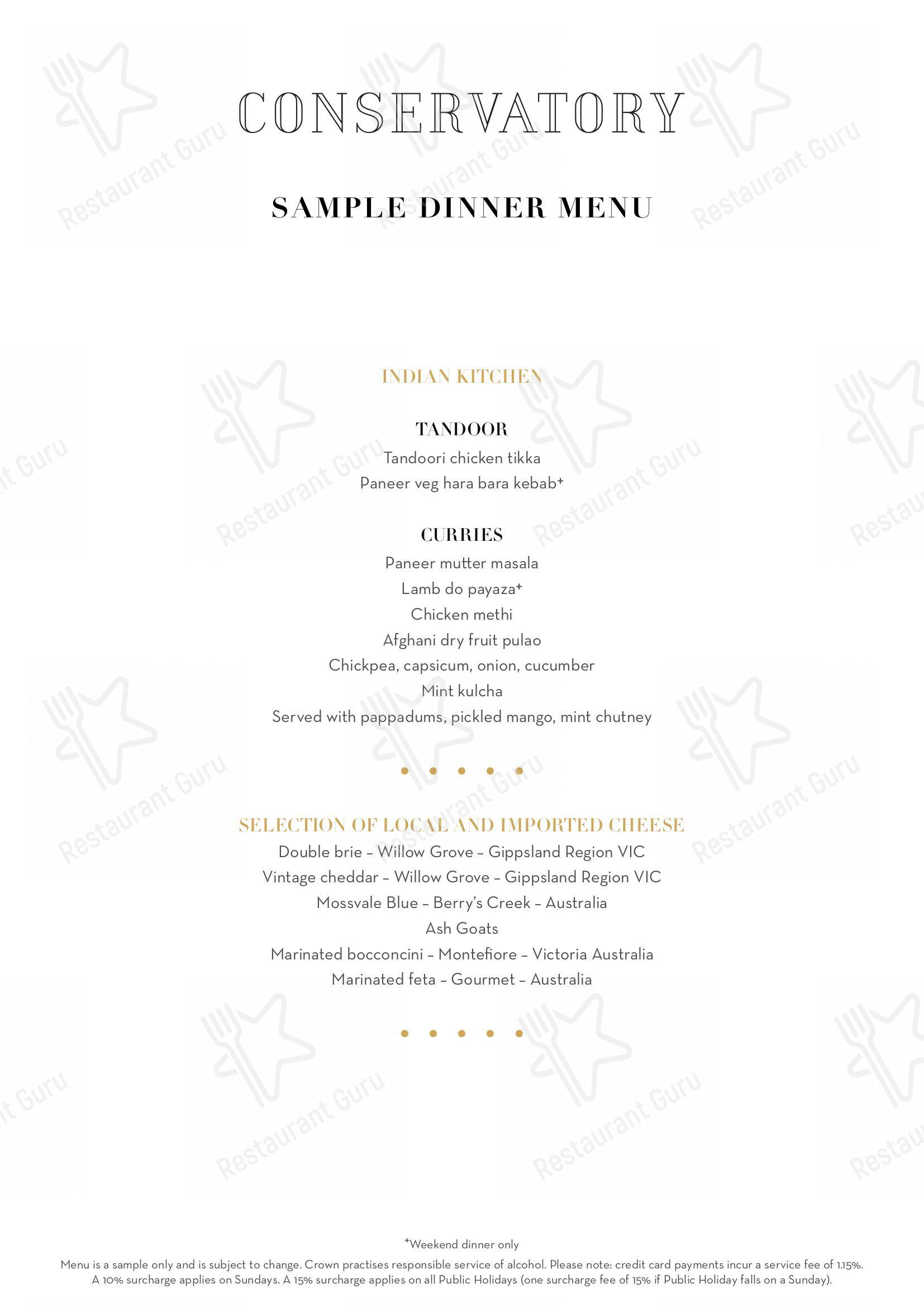 Menu at Conservatory restaurant, Southbank, Crown Melbourne