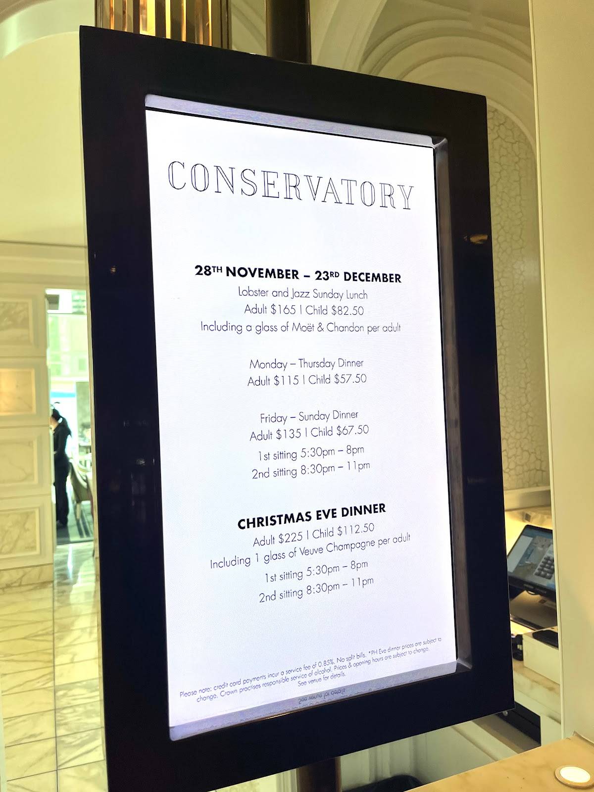 Menu at Conservatory restaurant, Southbank, Crown Melbourne