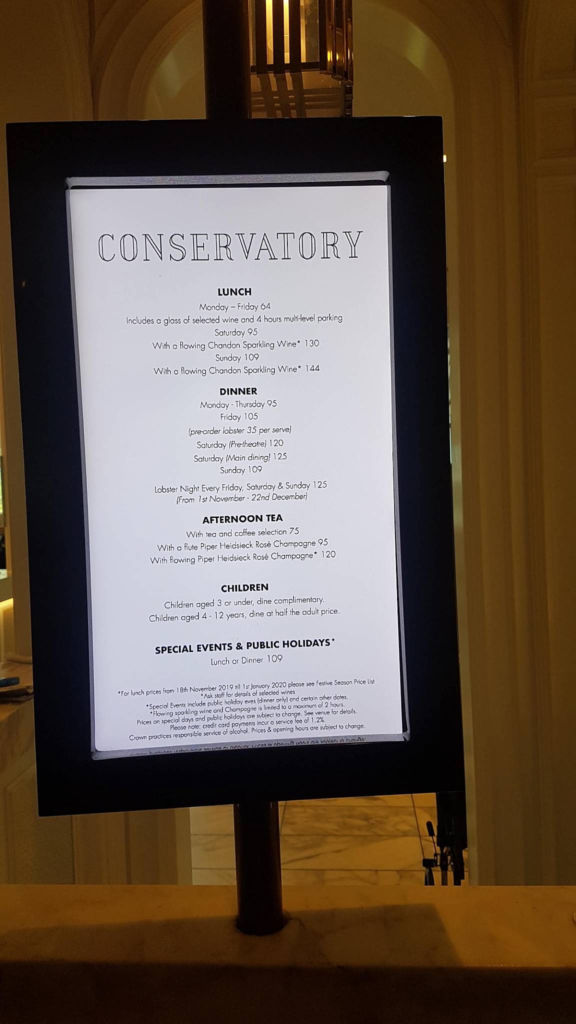 Menu at Conservatory restaurant, Southbank, Crown Melbourne