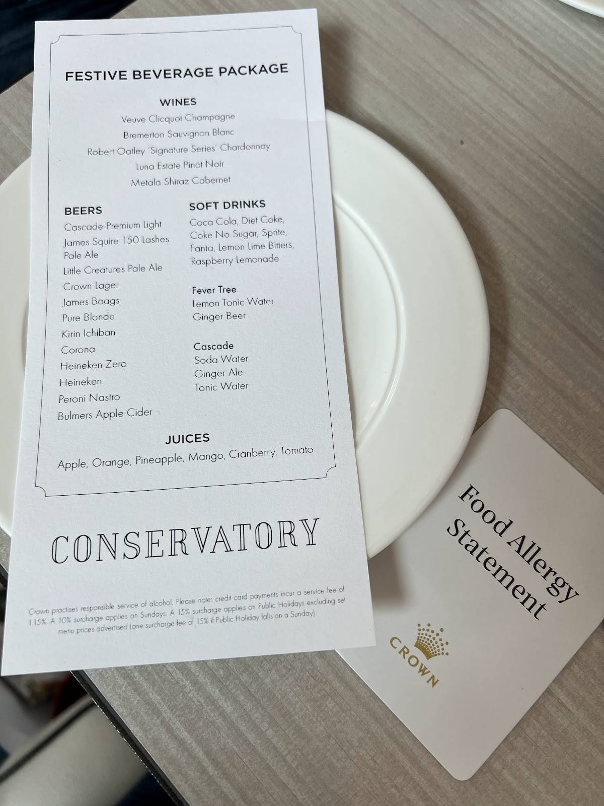 Menu at Conservatory restaurant, Southbank, Crown Melbourne