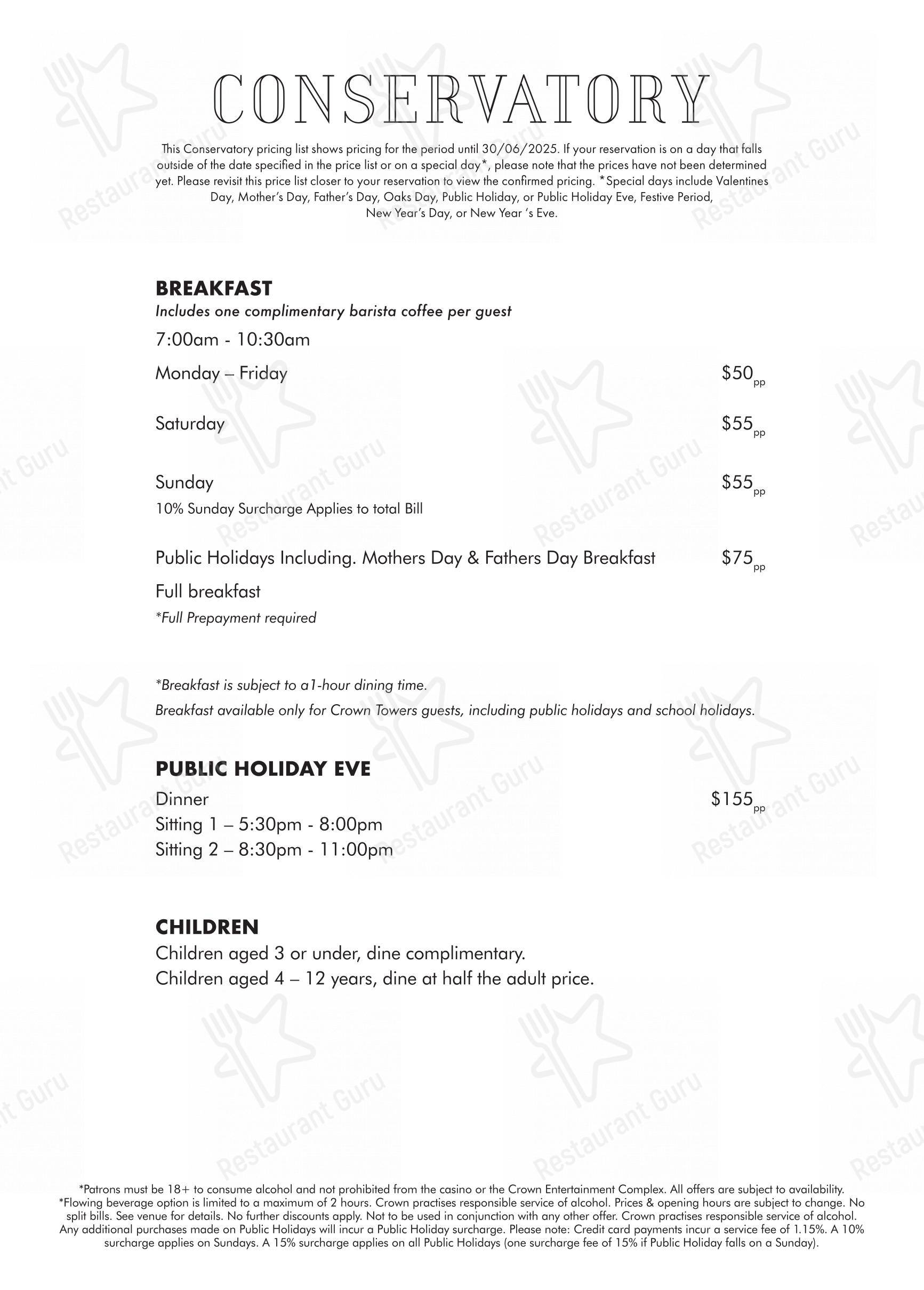 Menu at Conservatory restaurant, Southbank, Crown Melbourne