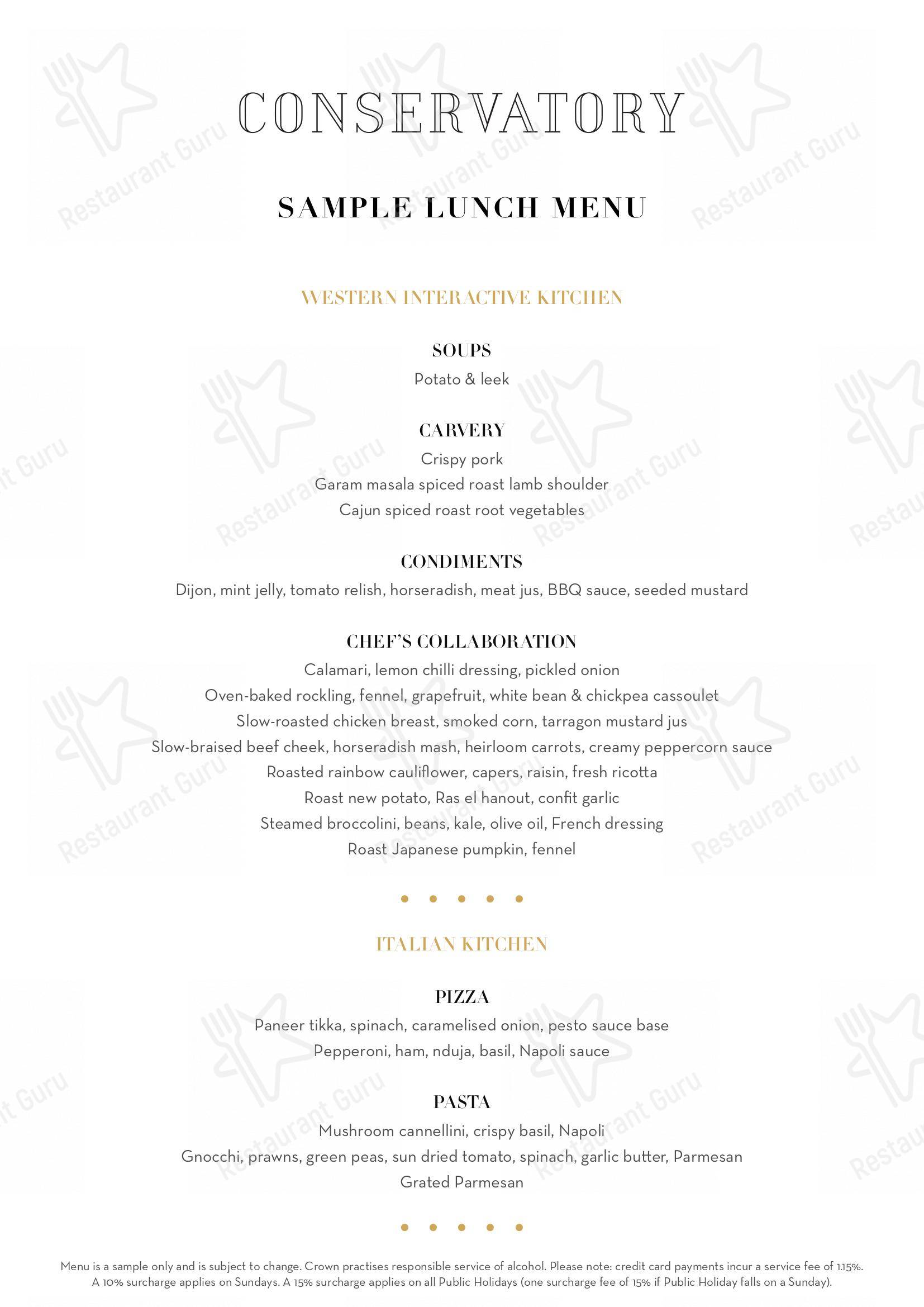 Menu at Conservatory restaurant, Southbank, Crown Melbourne
