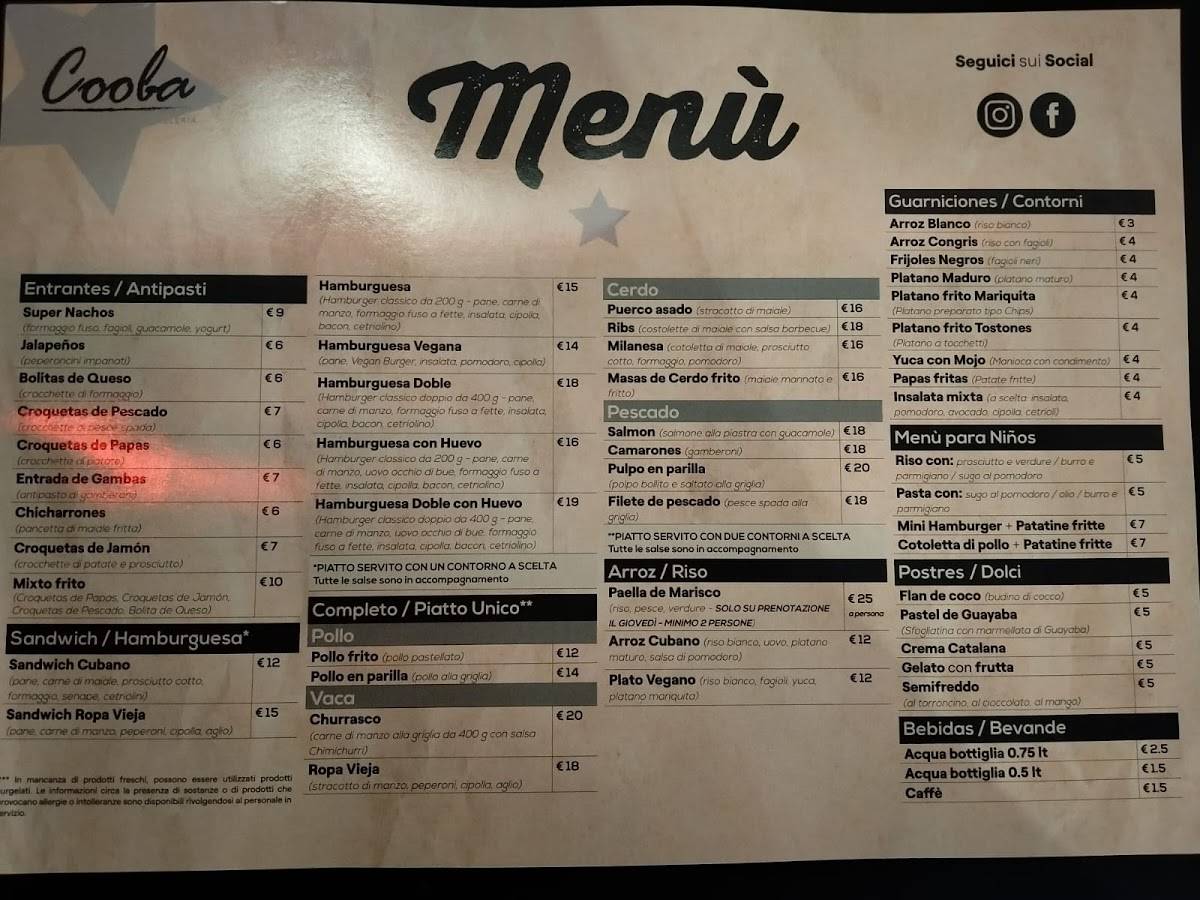 Menu da Cooba ristorante, Imola