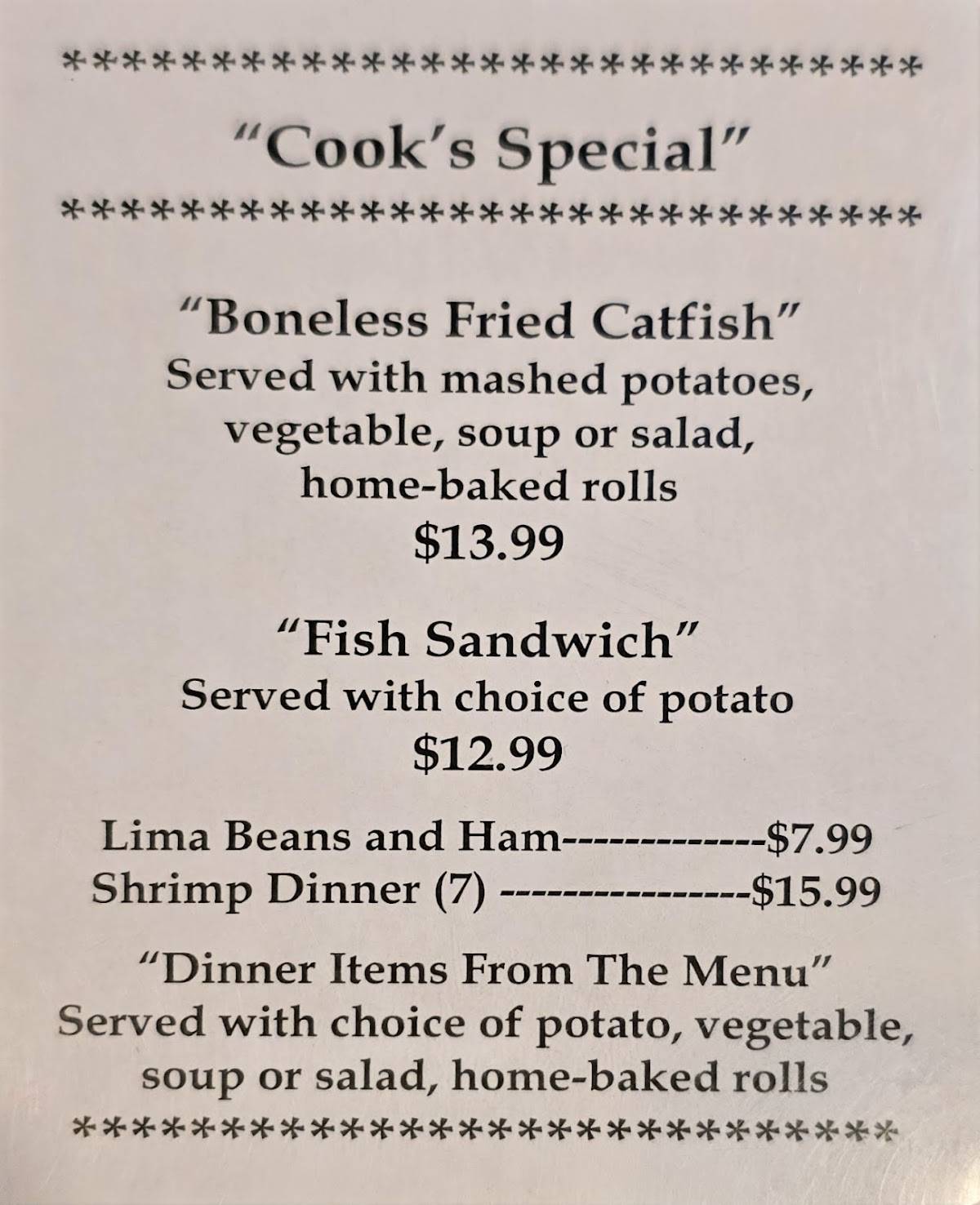 Menu at Cook's Restaurant, Clovis