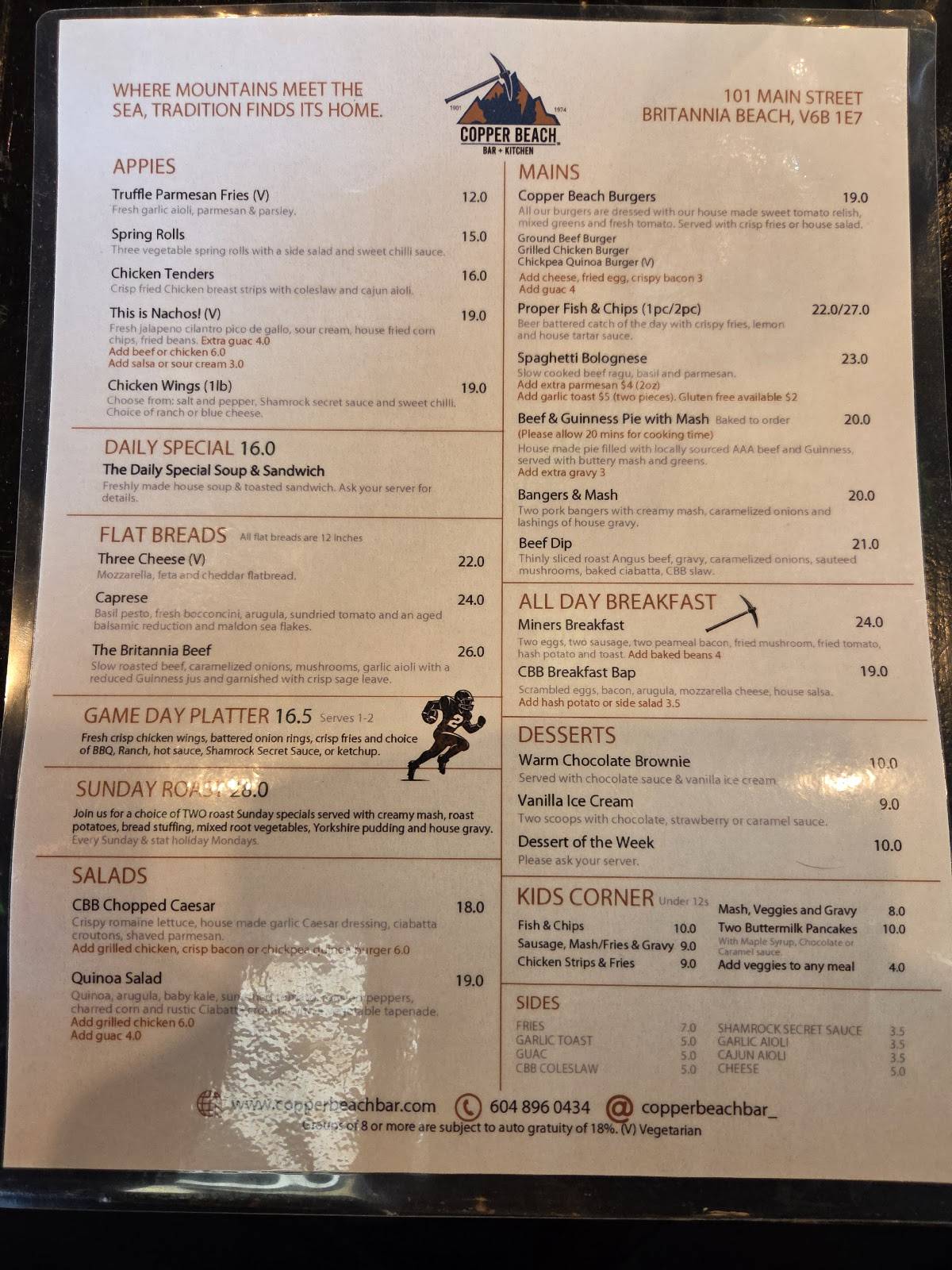 Menu at Copper Beach Bar + Kitchen, Britannia Beach