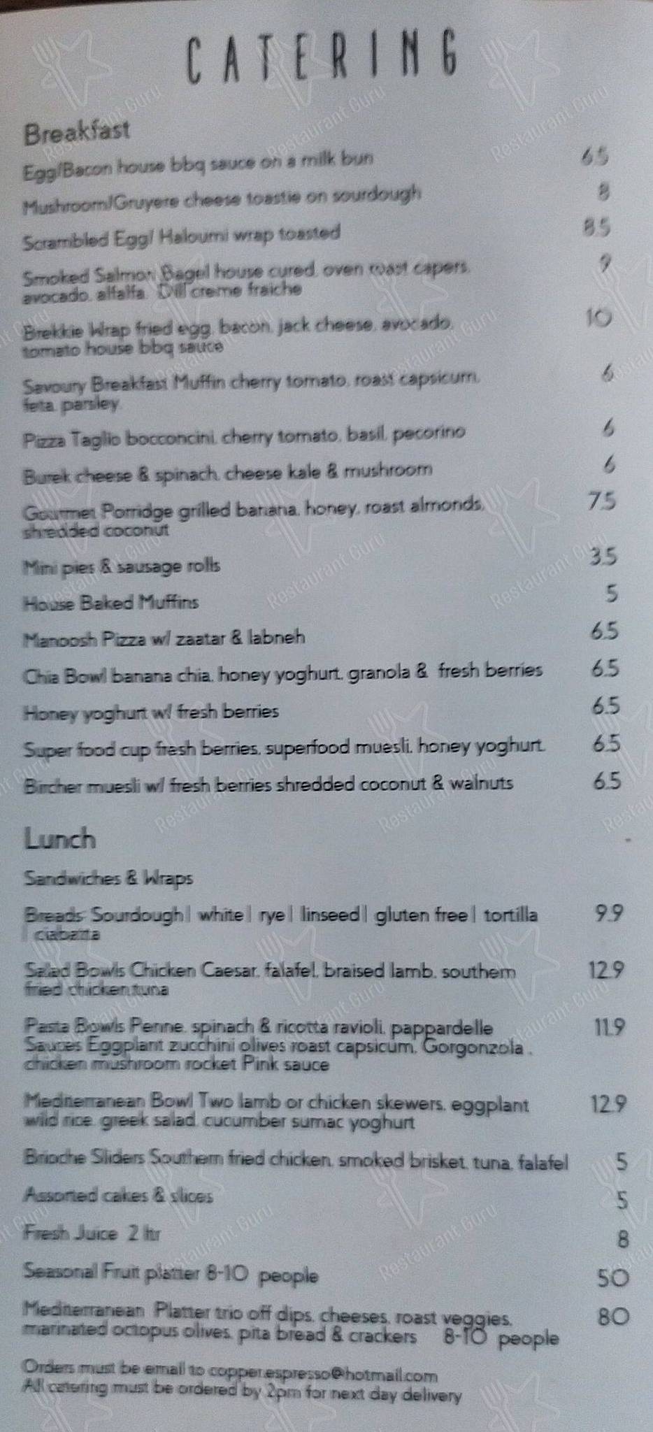 Menu at Copper Espresso cafe, Sydney