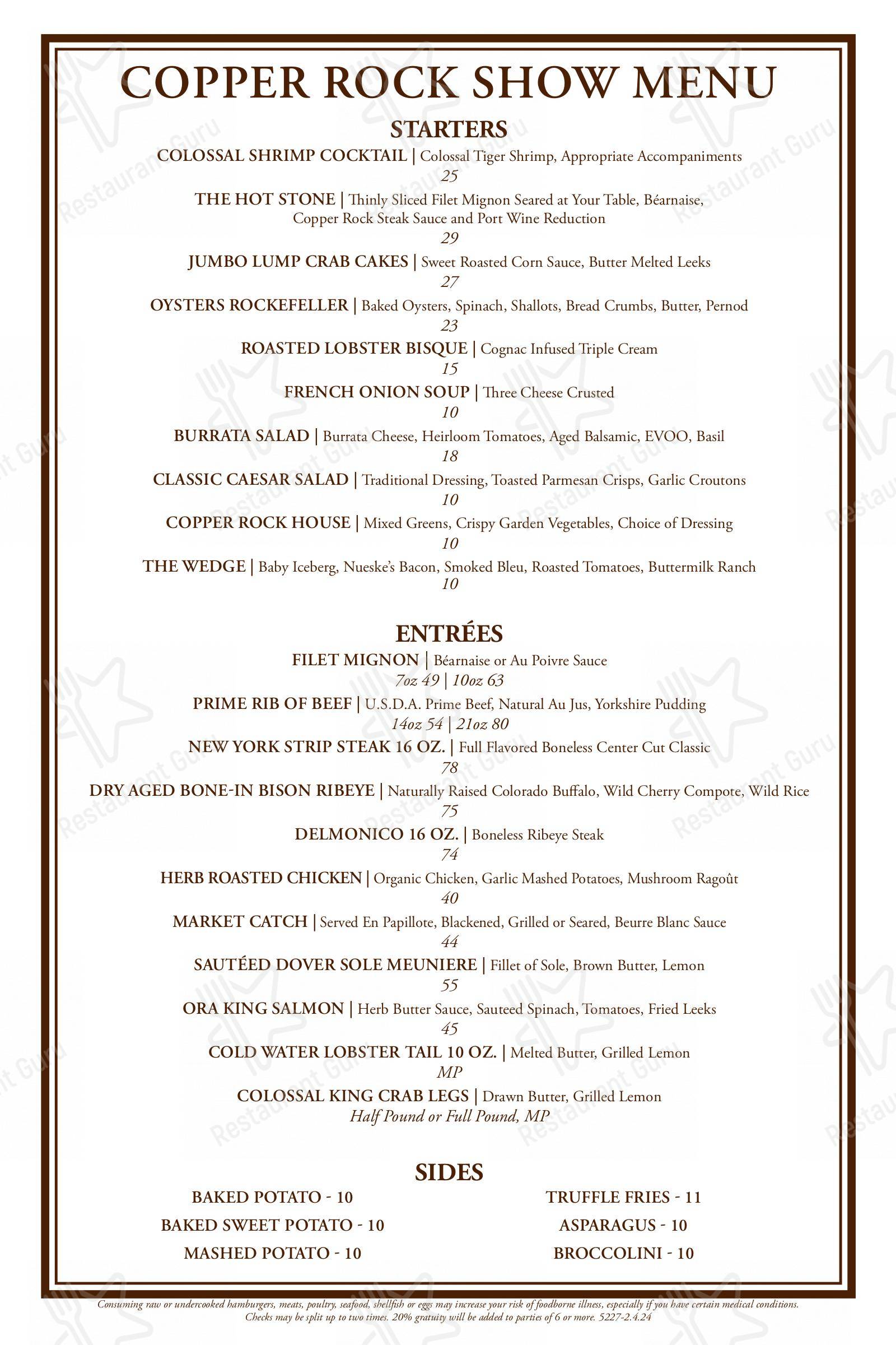 Carta de Copper Rock Steakhouse New Buffalo, New Buffalo