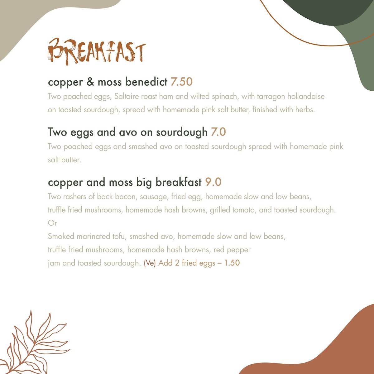 Menu at Copper and Moss cafe, Shipley