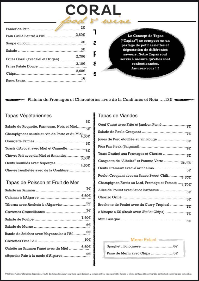 Menu em Coral Food & Wine tapas e vinoteca pub & Bar, Quarteira