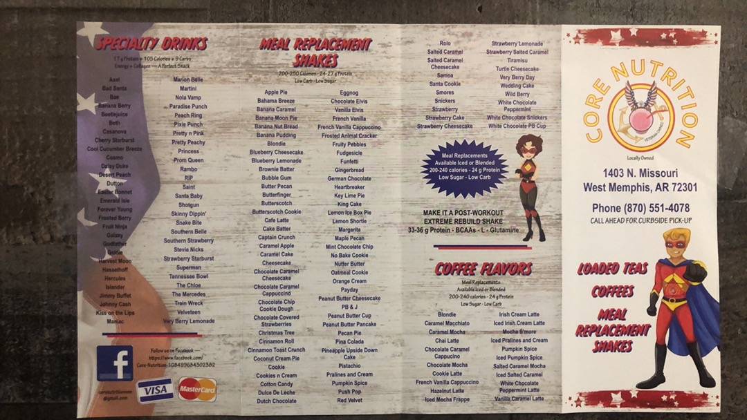 Menu at Core Nutrition restaurant, West Memphis