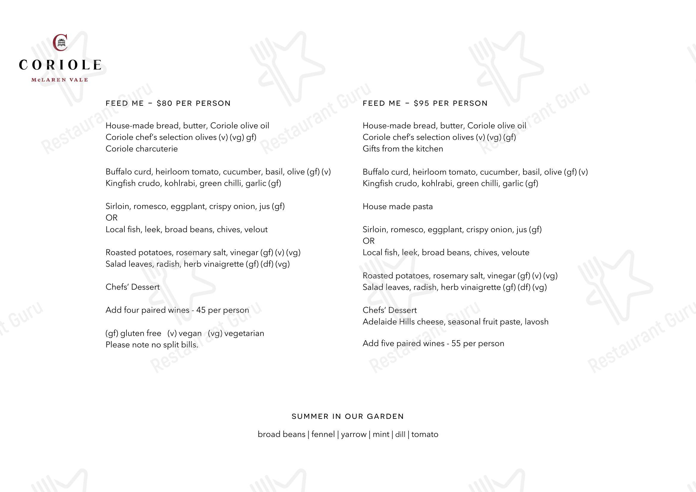 Menu at Coriole Vineyards restaurant, McLaren Vale