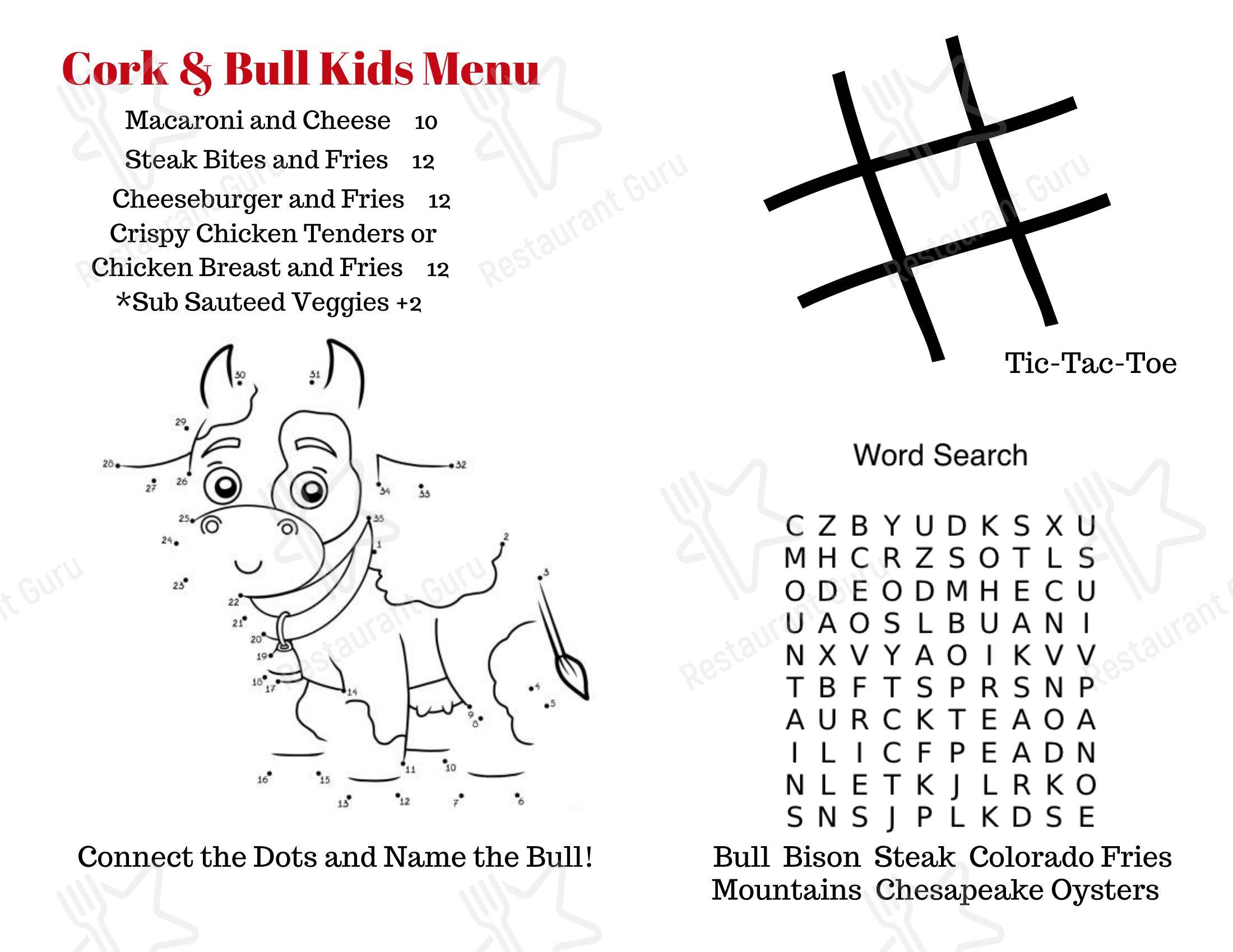 Menu at Cork & Bull Chophouse steakhouse, Chesapeake