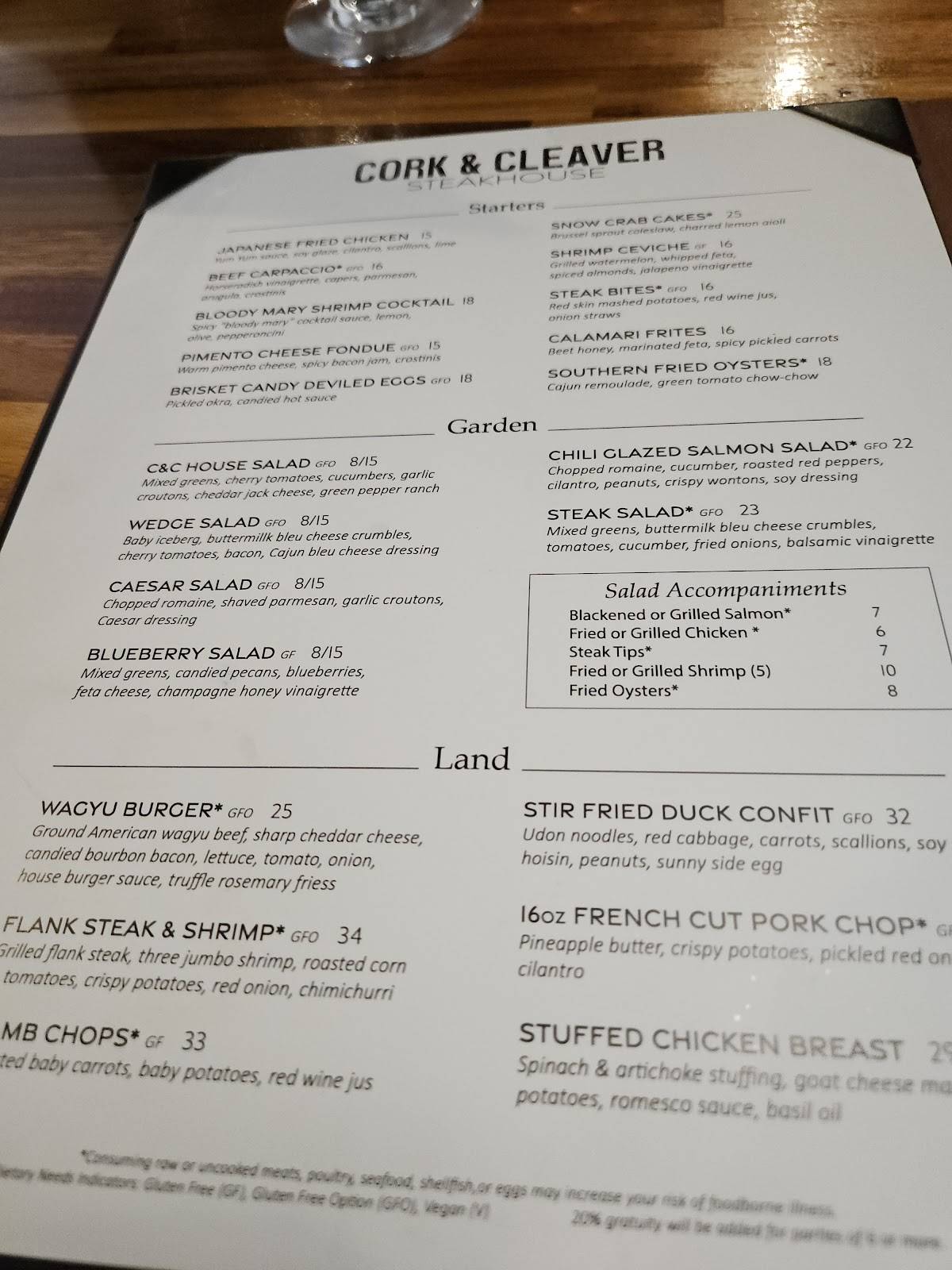 Menu at Cork & Cleaver Steakhouse, Lexington