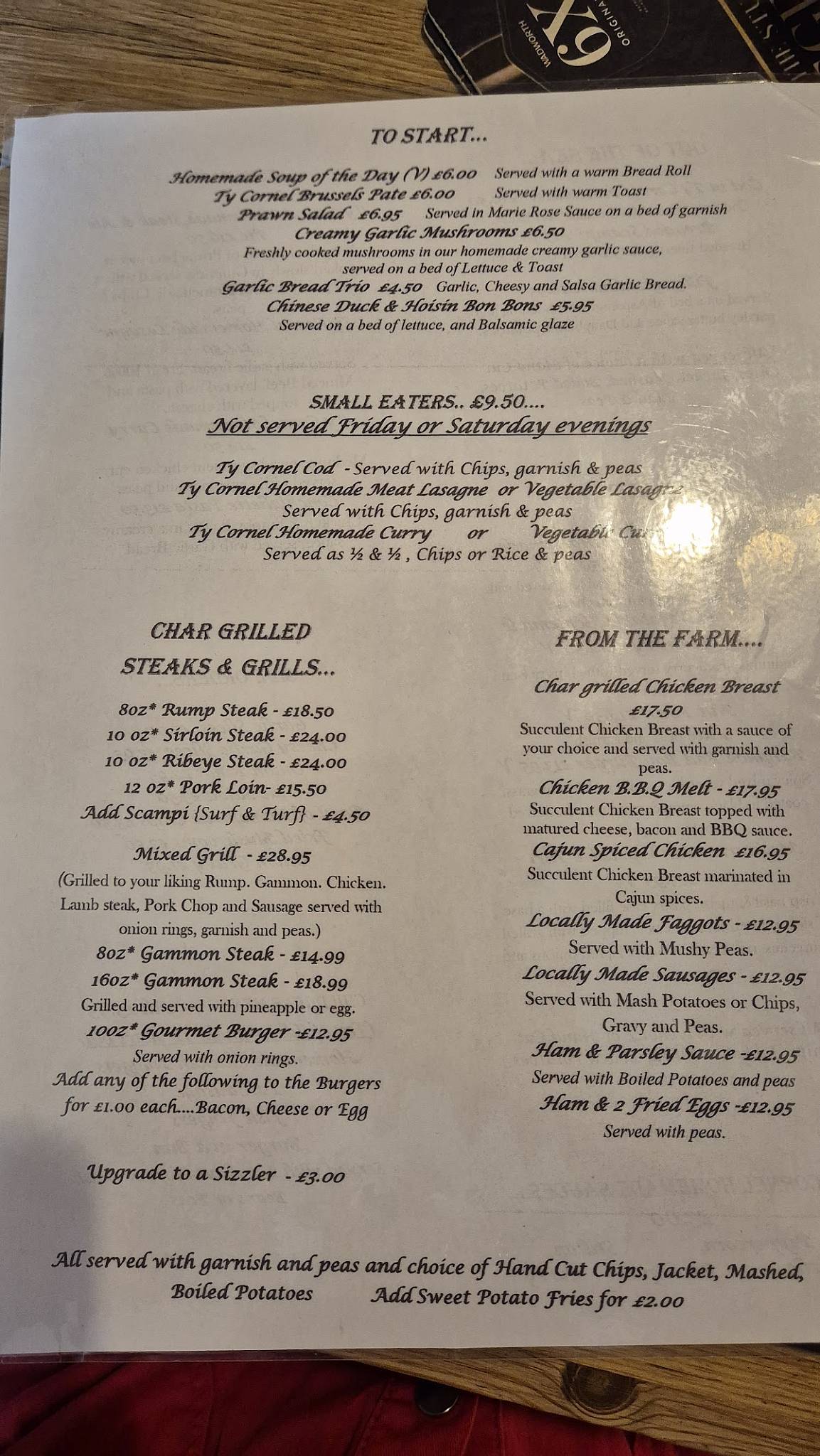 Menu at Corner House Inn pub & bar, Maesteg, Llangynwyd Village