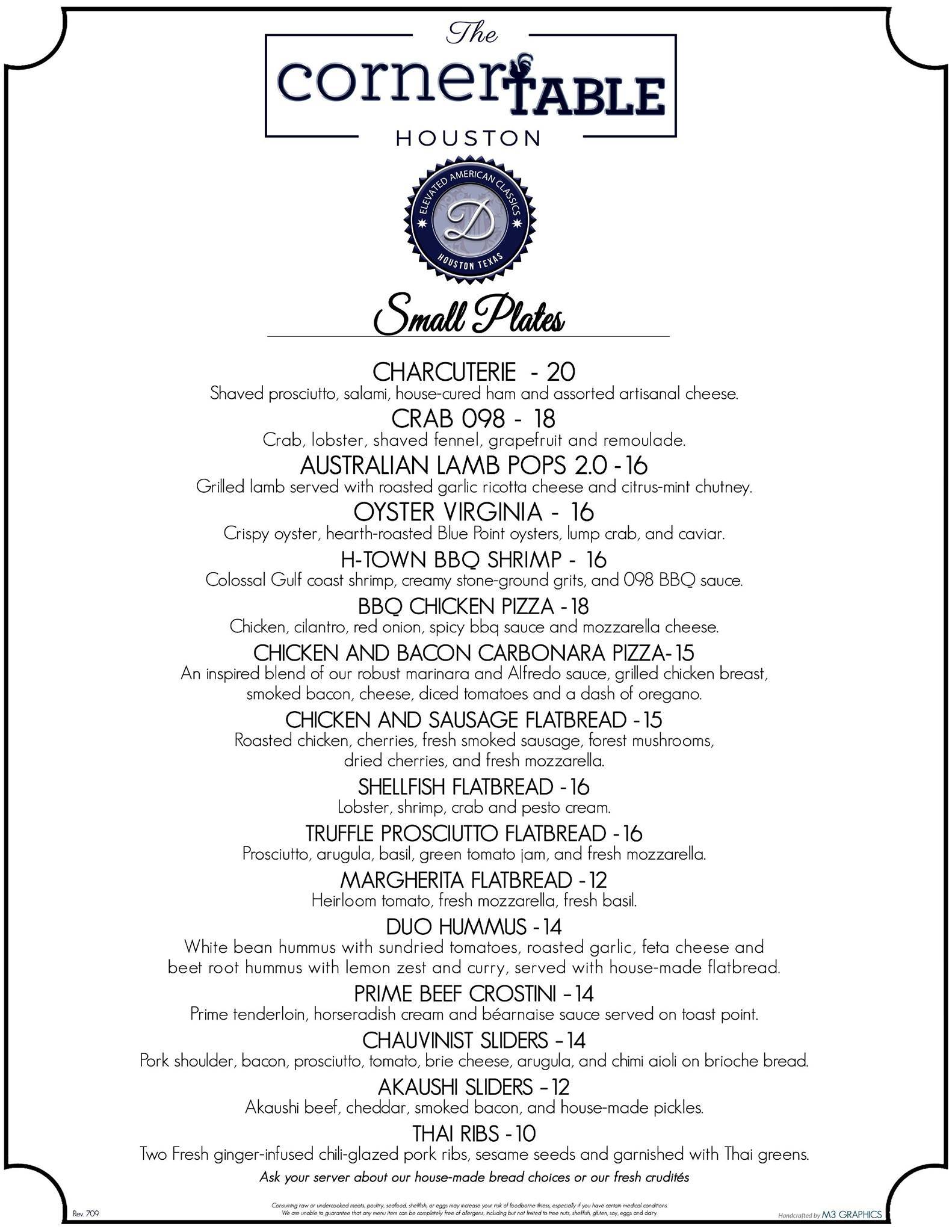 Menu at Corner Table Houston restaurant, Houston