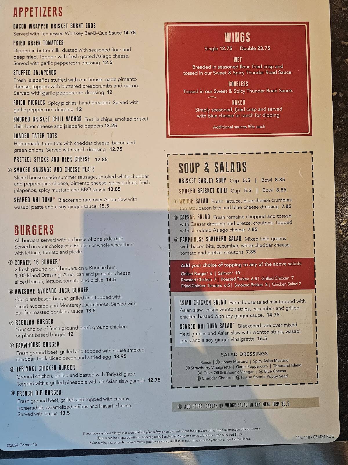 Menu at Corner16 restaurant, Knoxville, Kroger Park Dr
