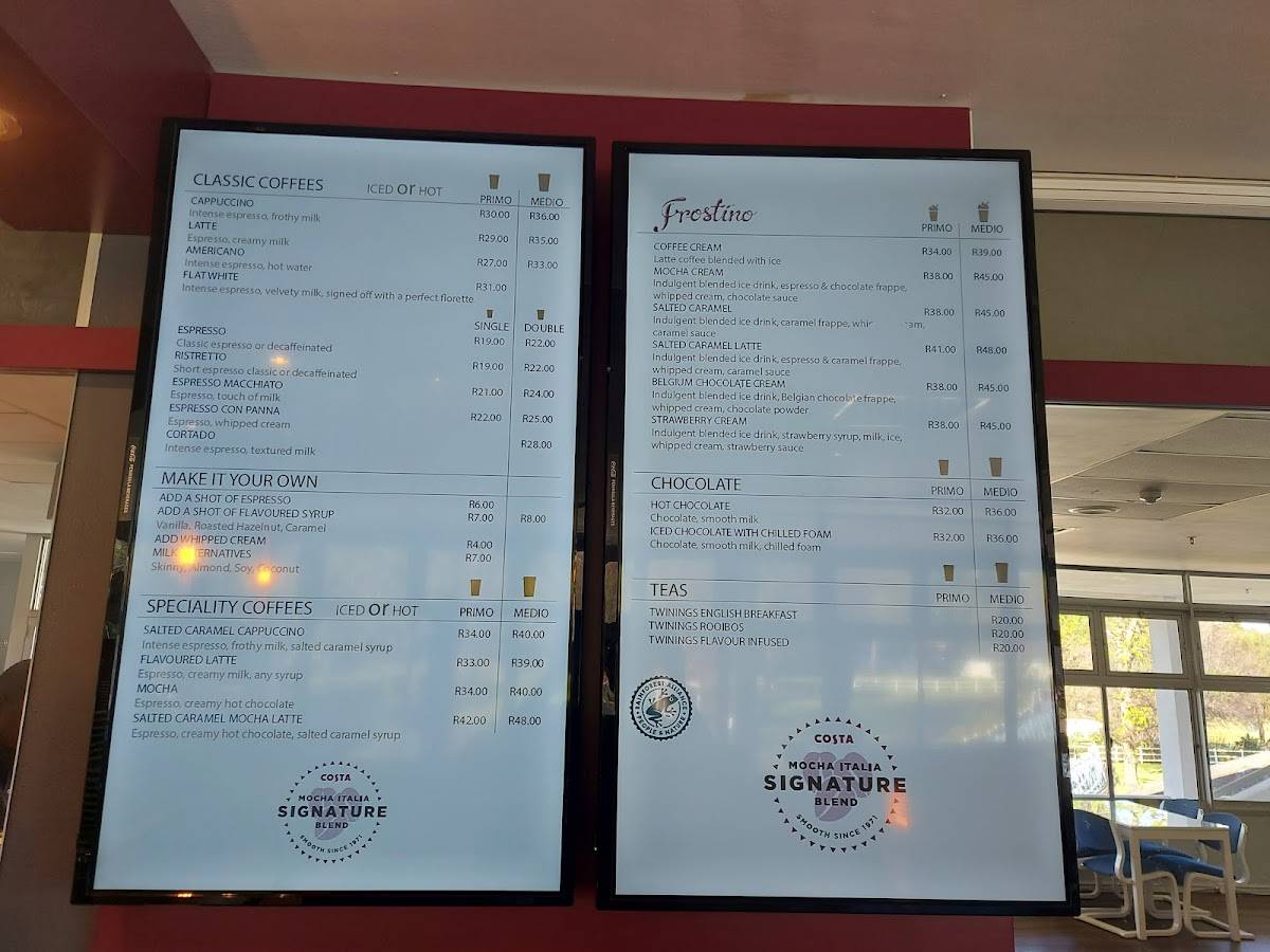 Menu at Costa Coffee, Cape Town, Kenilworth Racecourse Conservation Area