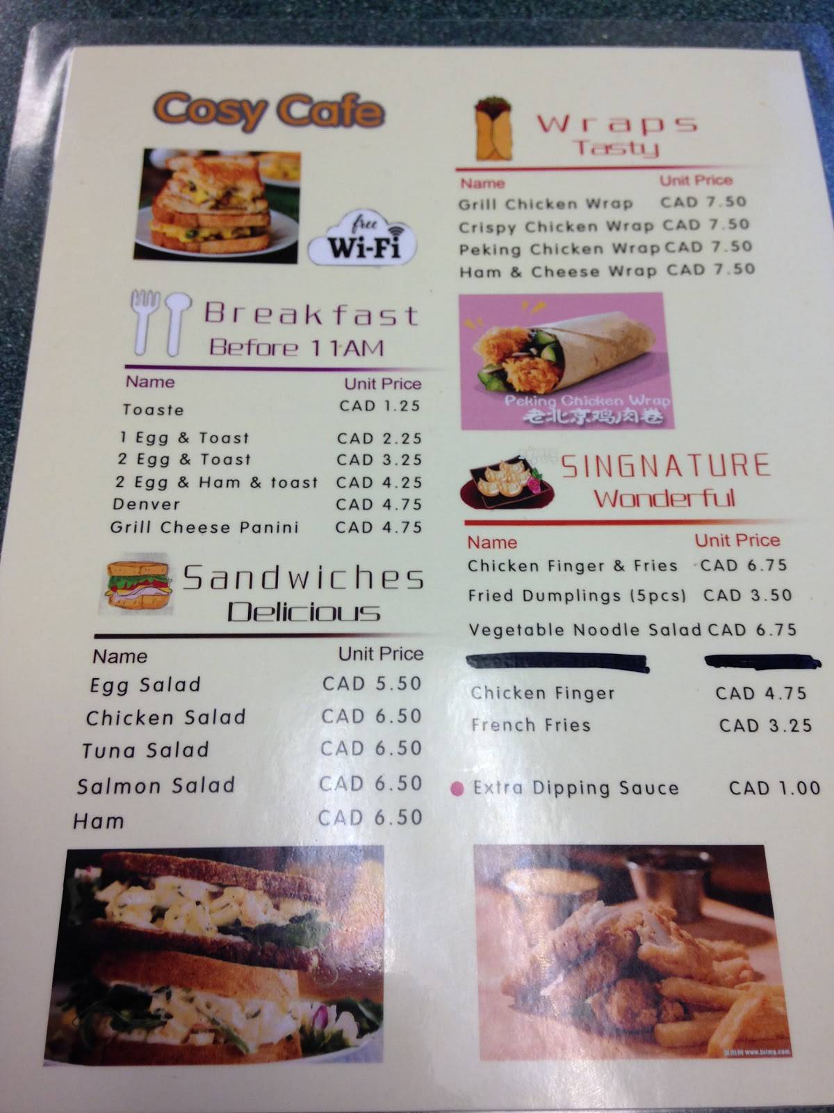 Menu at Cosy Cafe, Winnipeg