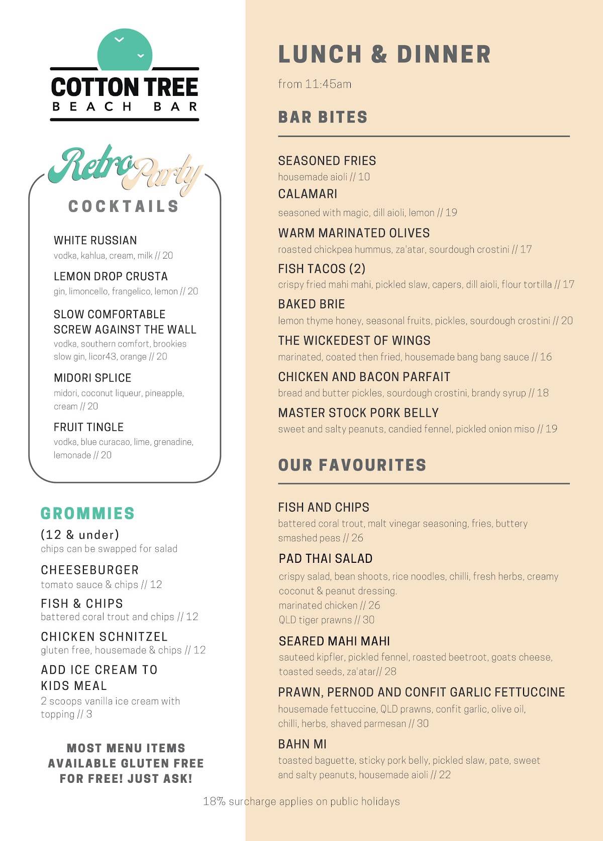 Menu at Cotton Tree Beach Bar, Maroochydore