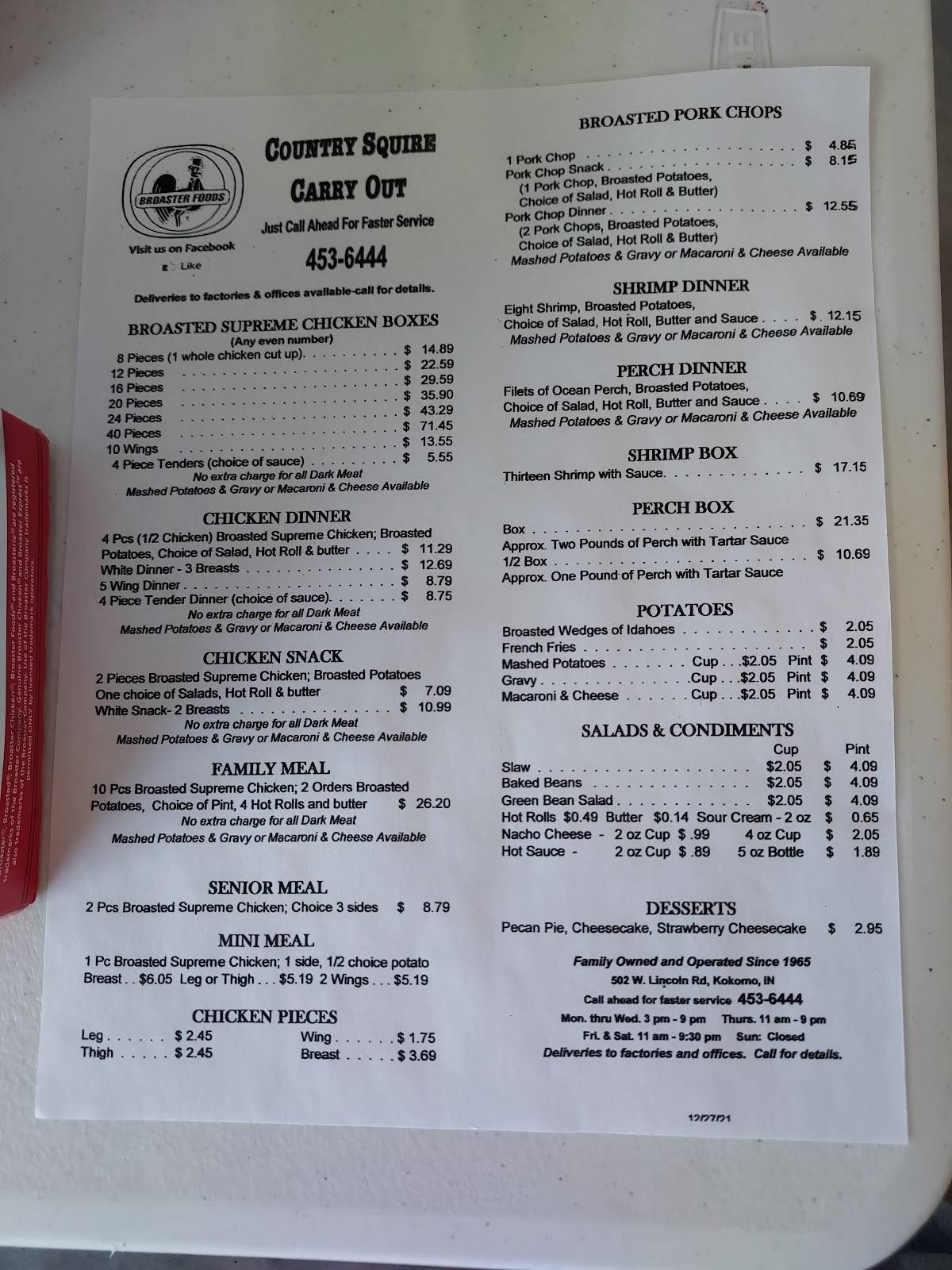 Menu at Country Squire Carry Out restaurant, Kokomo