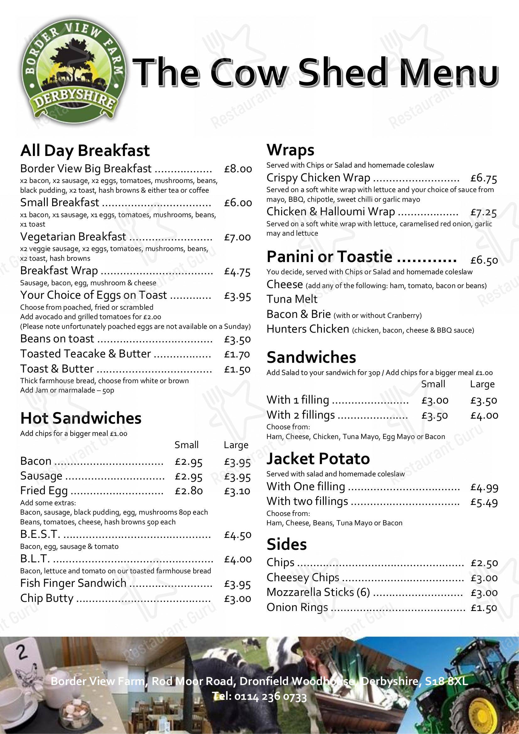 Menu at Cow Shed Cafe, Dronfield