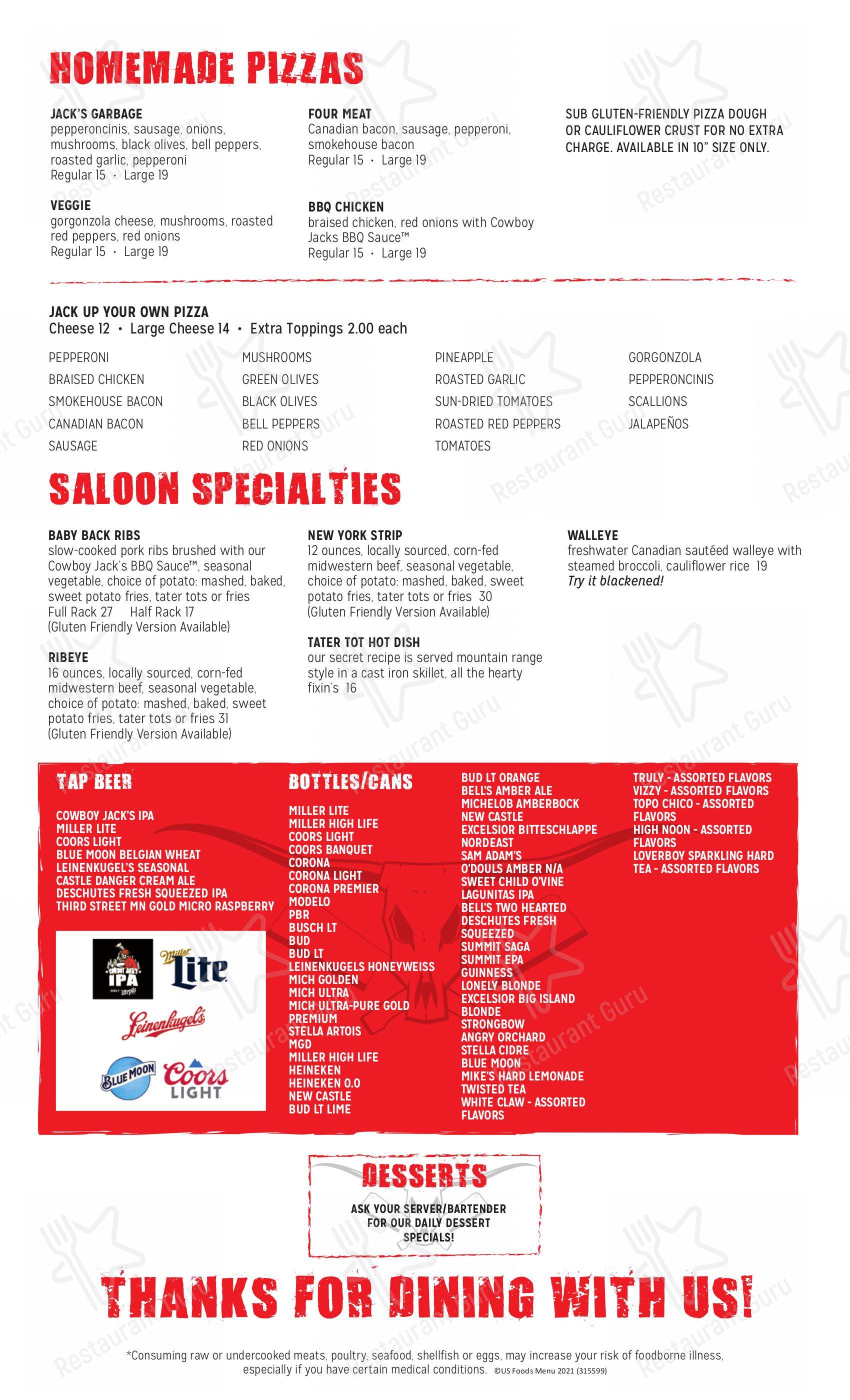Menu at Cowboy Jack's pub & bar, Apple Valley