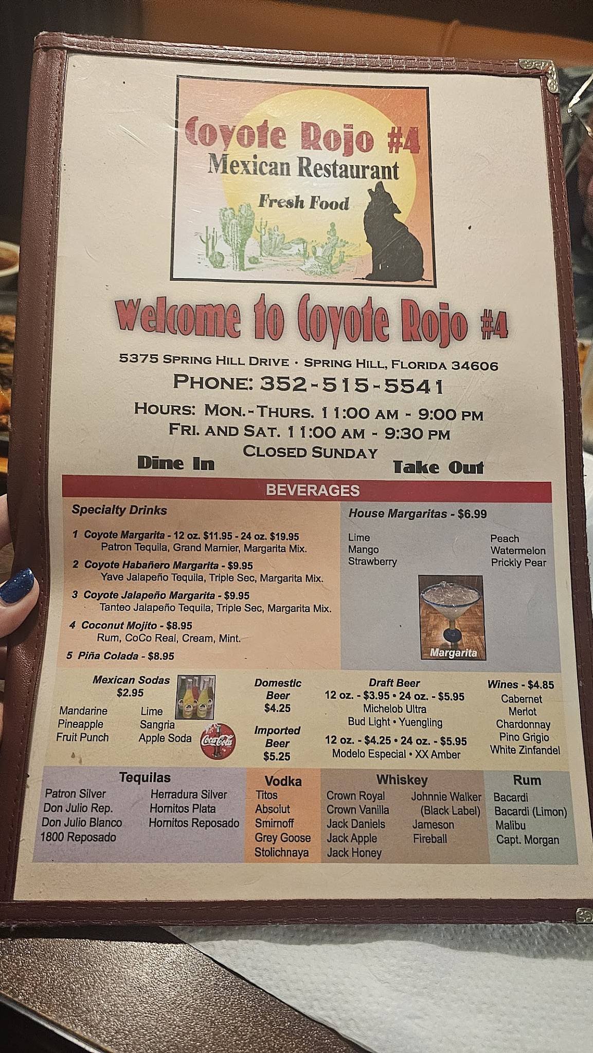 Menu at Coyote Rojo #4 restaurant, Spring Hill