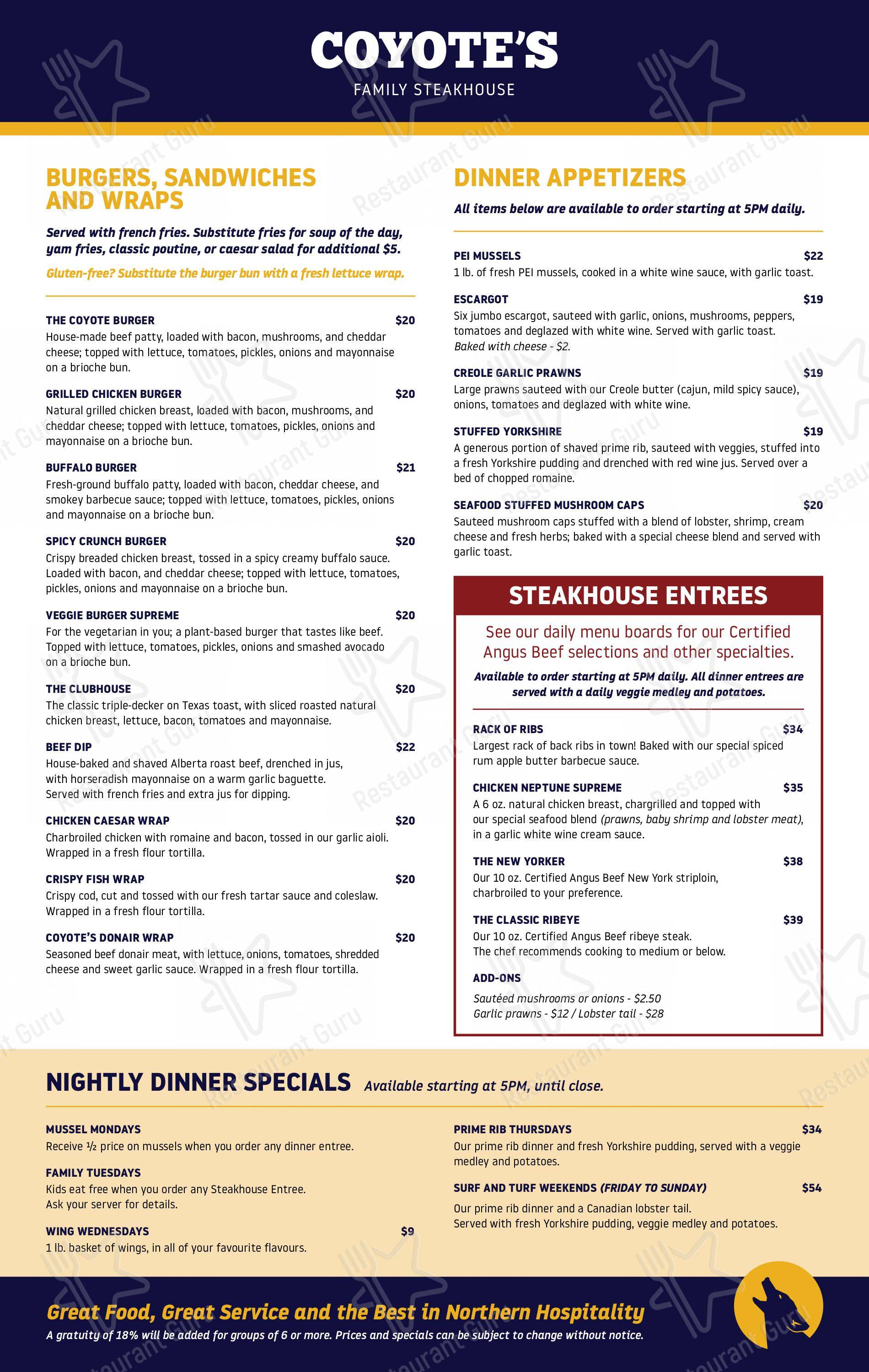 Menu at Coyote's Family Steakhouse, Yellowknife