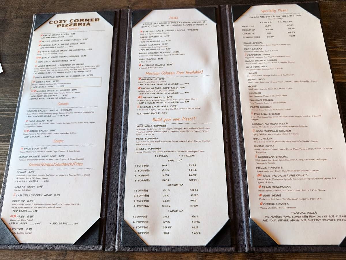 Menu at Cozy Corner Pizzeria, Vanderhoof