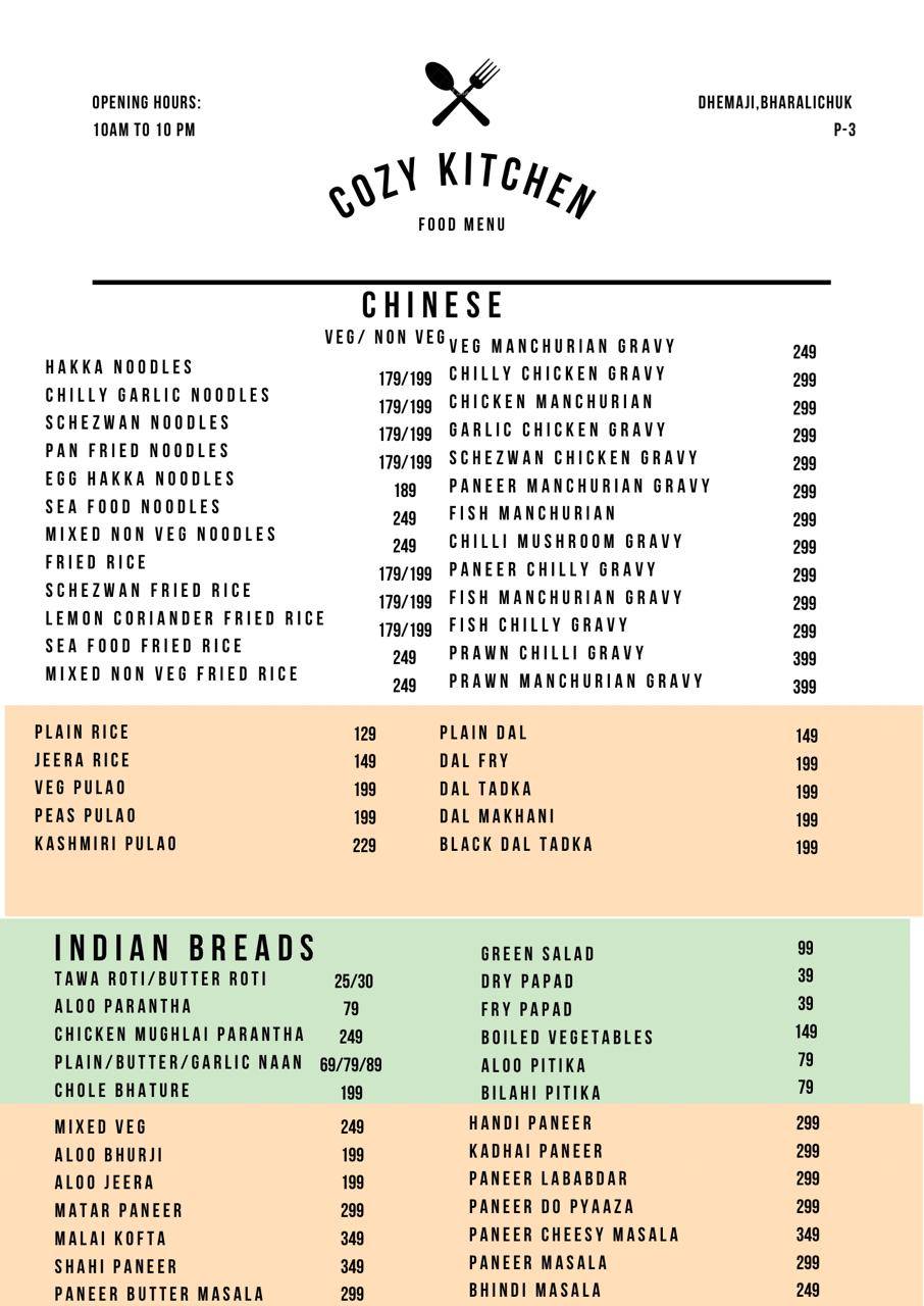 Menu at Cozy kitchen, Dhemaji