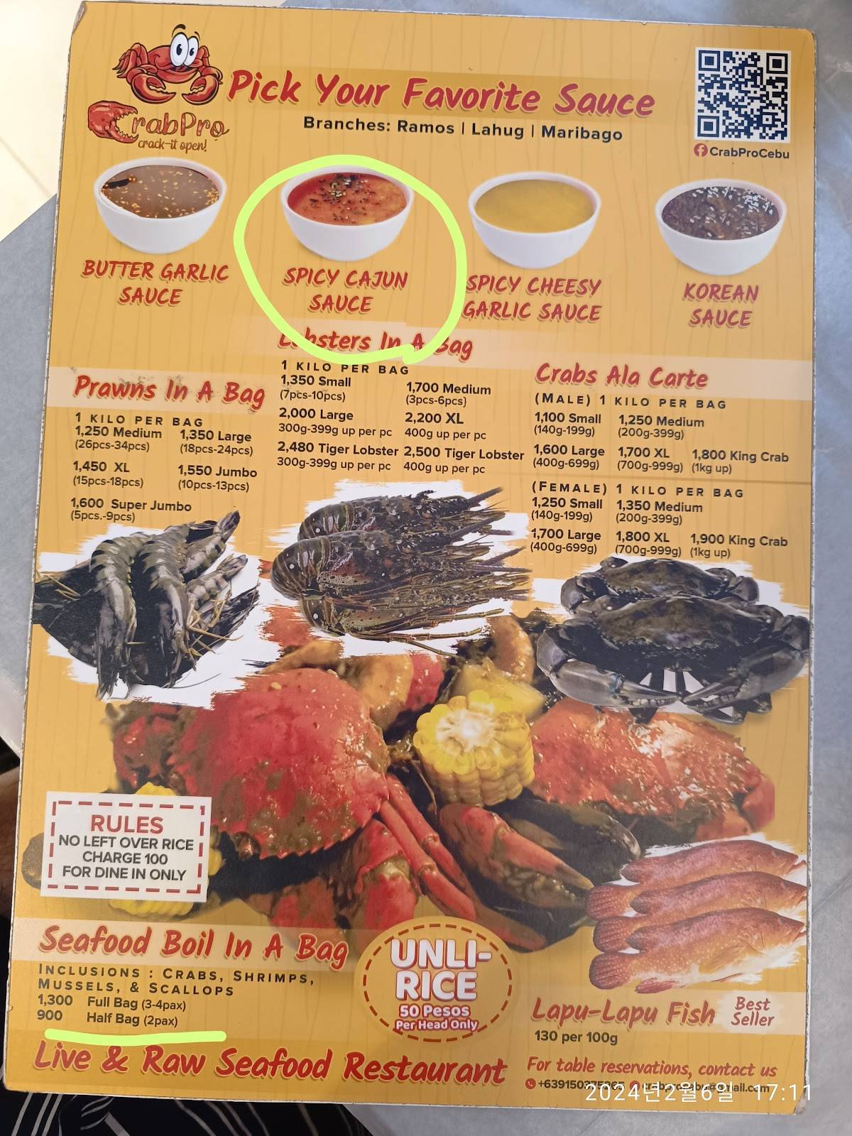 Menu at CrabPro - Apas restaurant, Cebu City