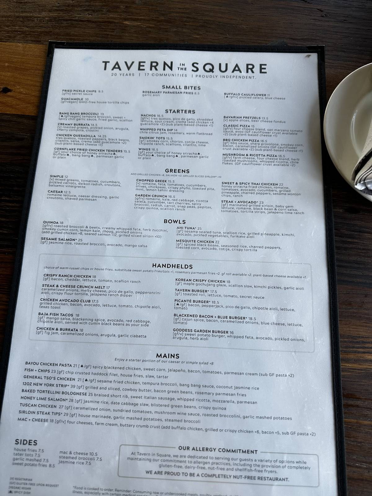 Menu at Tavern in the Square pub & bar, Cranston
