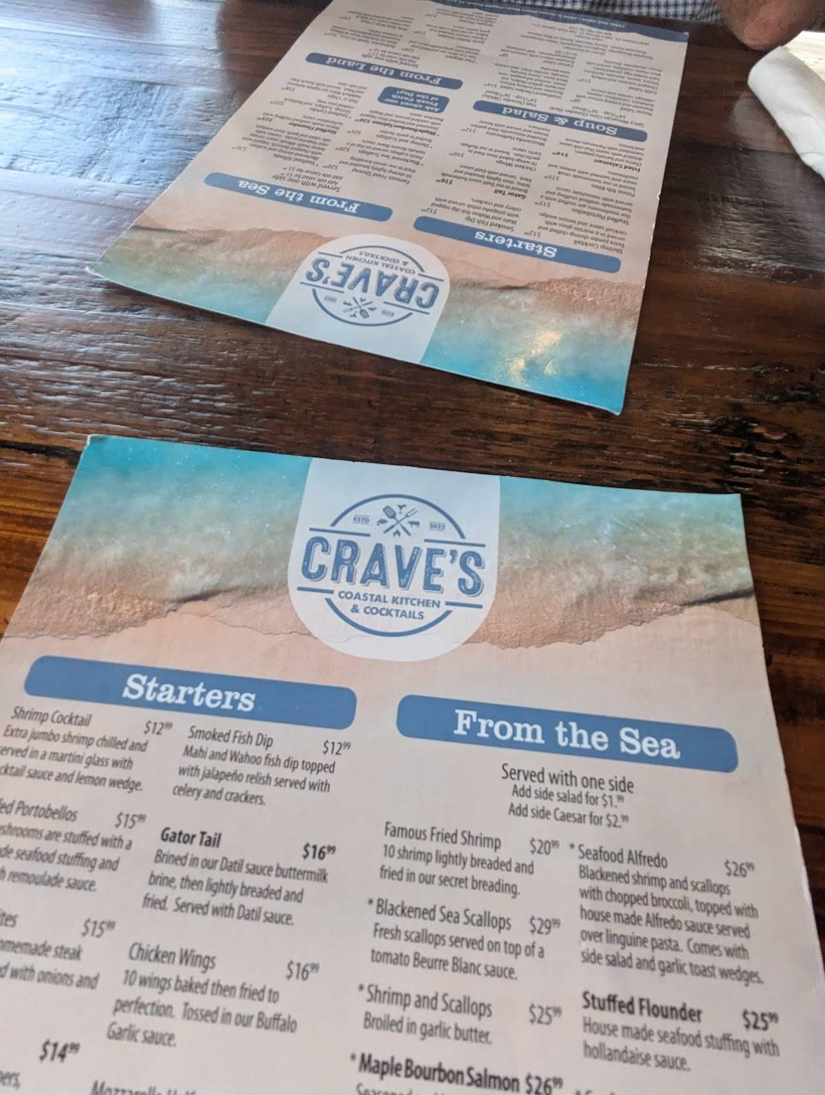 Menu at Crave's Coastal Kitchen & Cocktails pub & bar, Flagler Beach